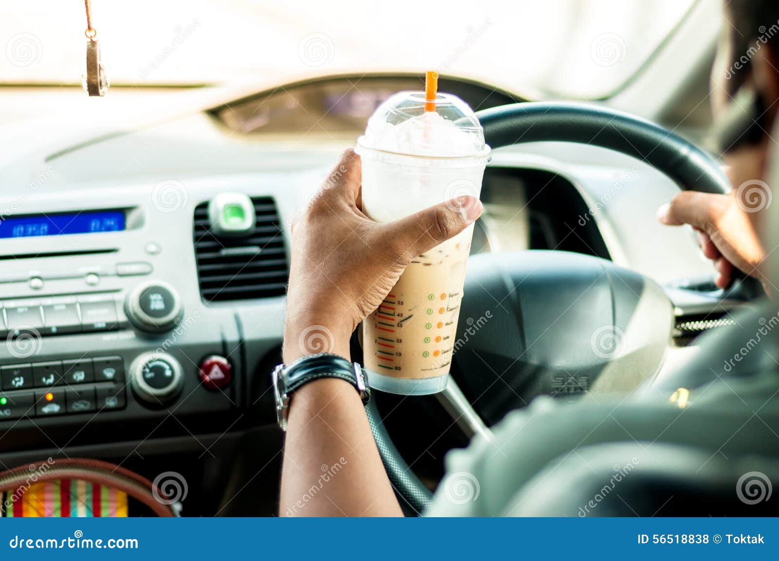 Transportation and Vehicle Concept - Man Drinking Coffee while D Stock ...