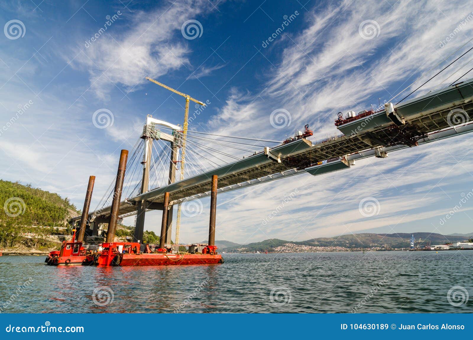 Transporting Boat in Front of Rande Bridge. Cable Stayed Bridge during ...
