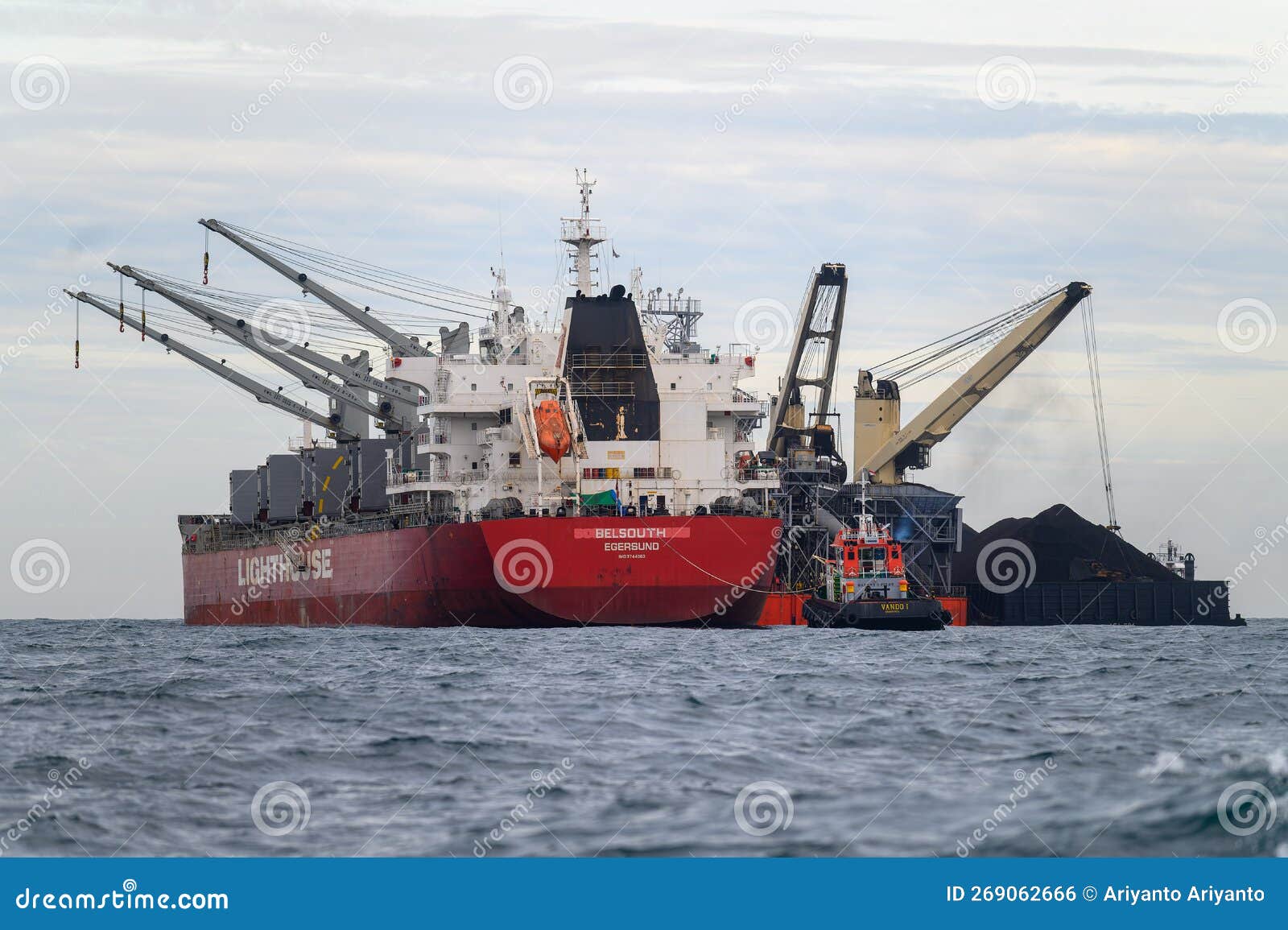 Transporting Coal From The Barge To The Mother Vessel Aerial View ...
