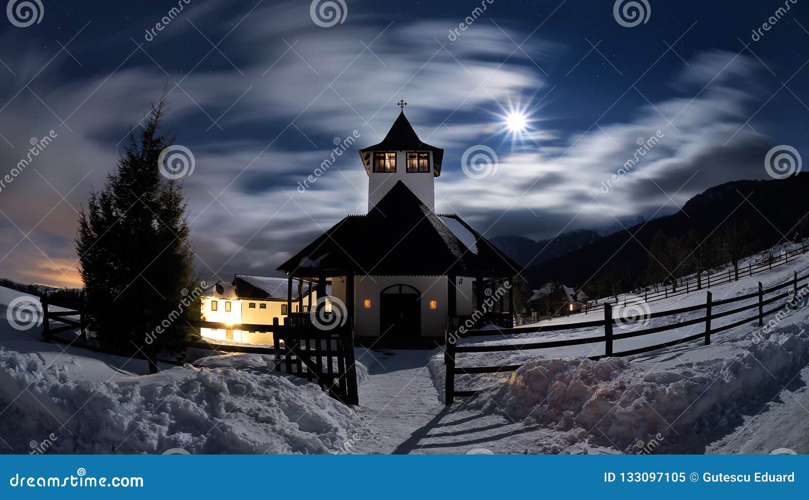 Transylvania Monastery in the Cold Winter Night with Full Moon Stock ...