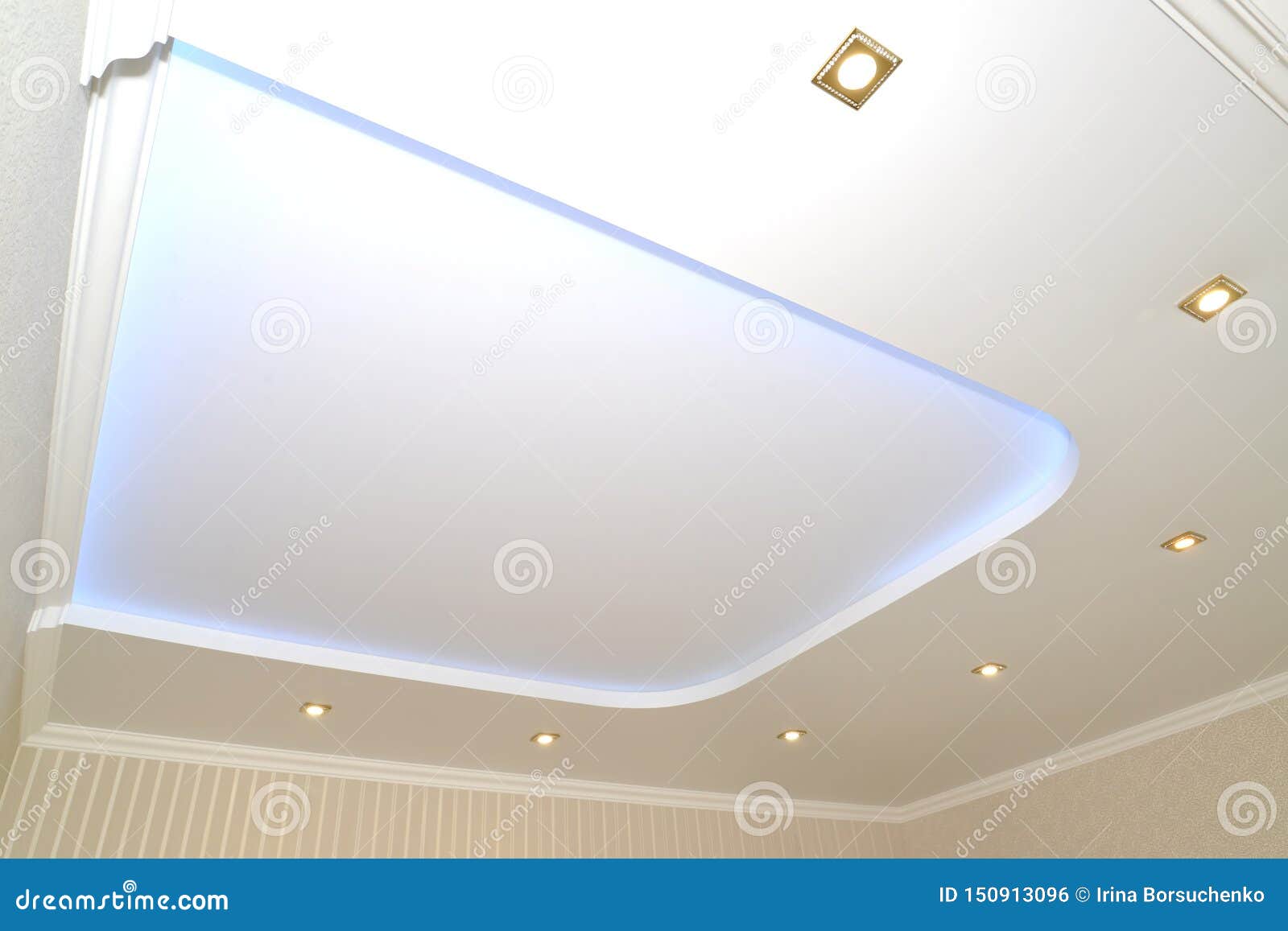 Trapezoid Design and Dot Lamps on an Opaque Stretch Ceiling Stock Photo ...
