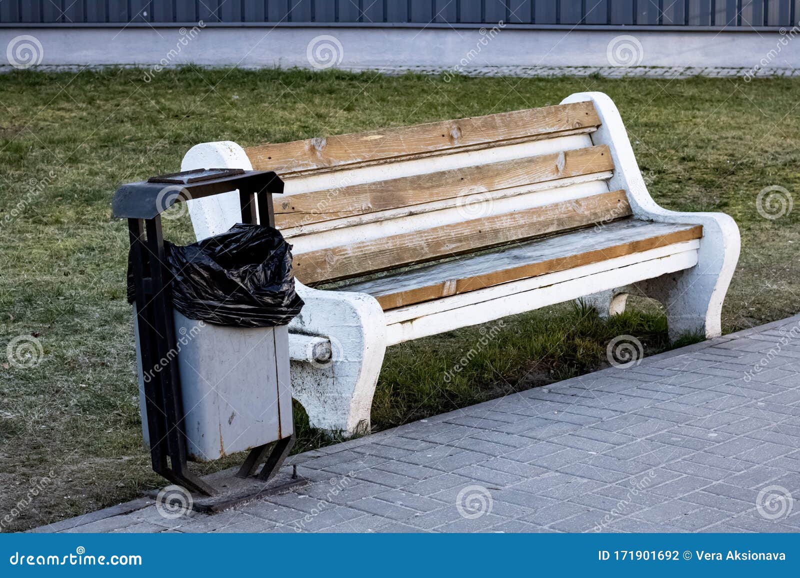 Trash Bin and Bench in Park Closeup Stock Photo - Image of summer ...