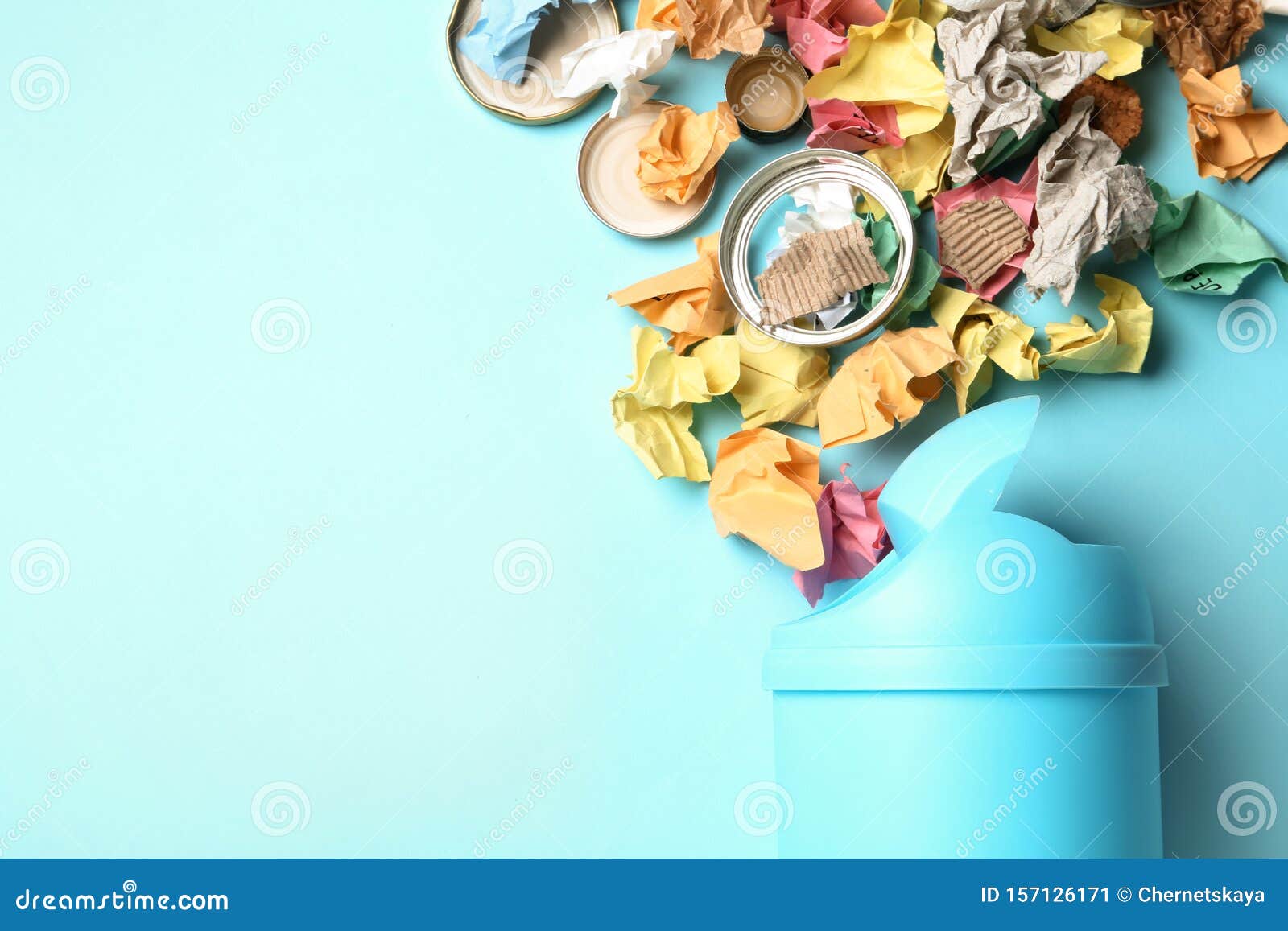 Trash Bin and Different Garbage on Color Background, Space for Text ...