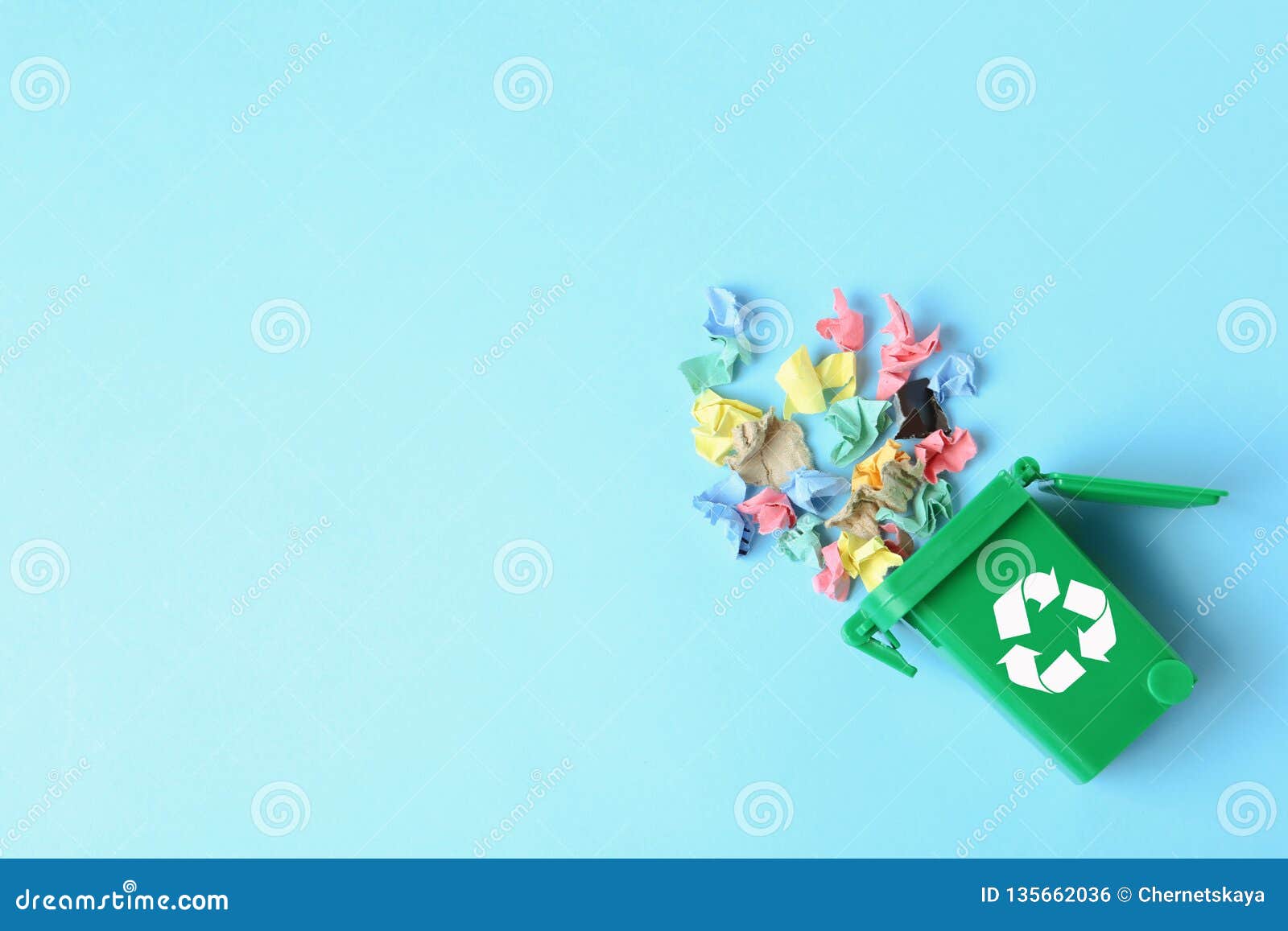 Trash Bin and Different Garbage on Color Background, Top View with ...