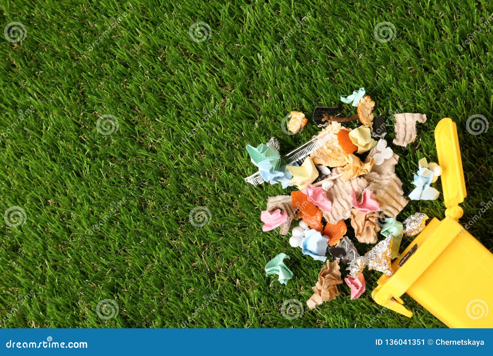 Trash Bin and Different Garbage on Green Grass, Top View with Space for ...