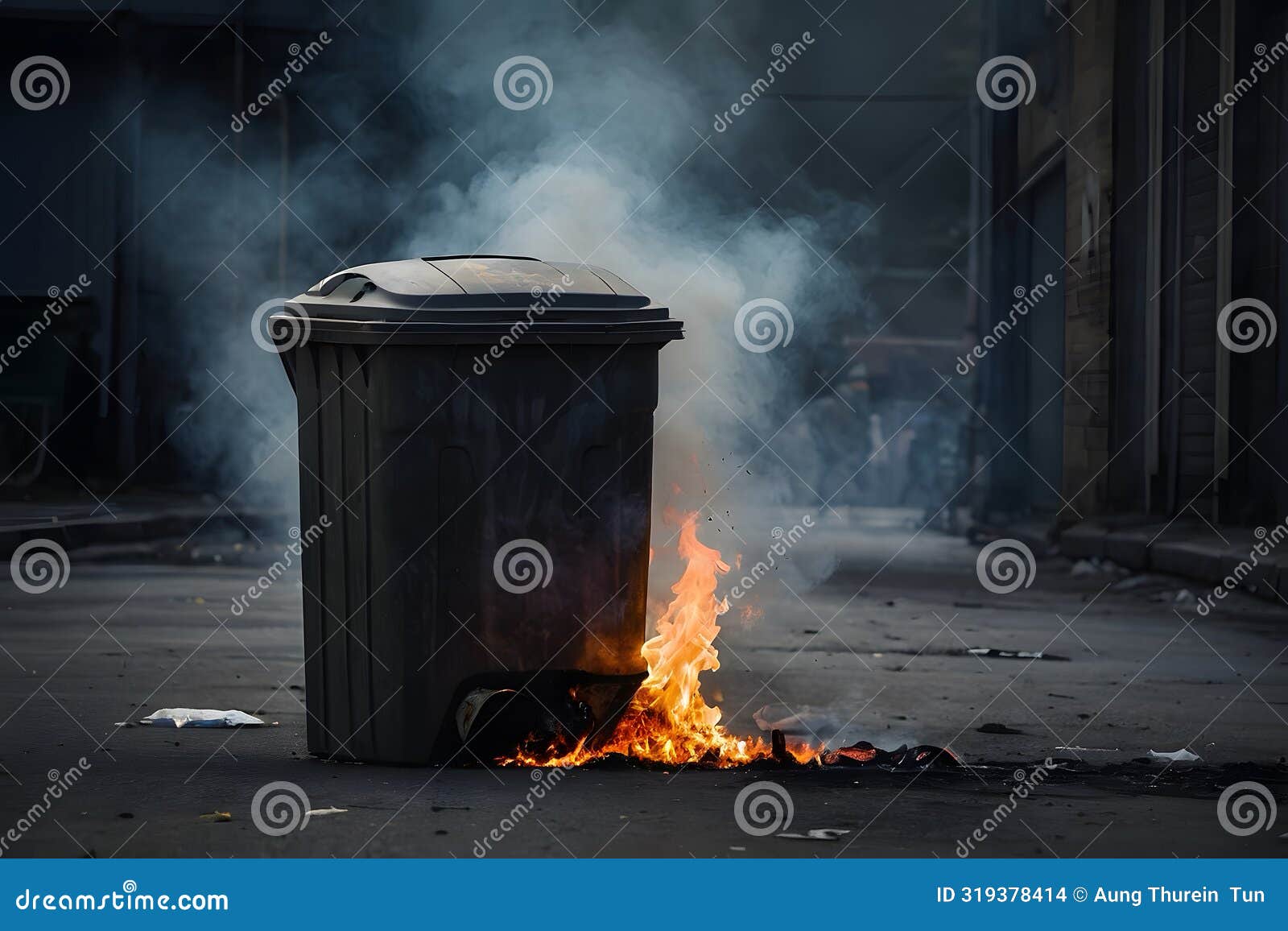 A Trash Bin on Fire As a Concept with Air Pollution Stock Photo - Image ...
