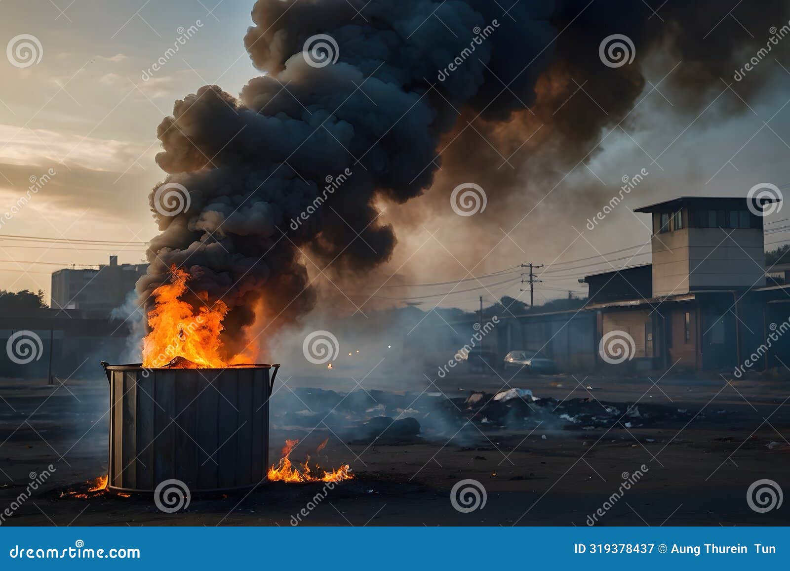 A Trash Bin on Fire As a Concept with Air Pollution Stock Image - Image ...