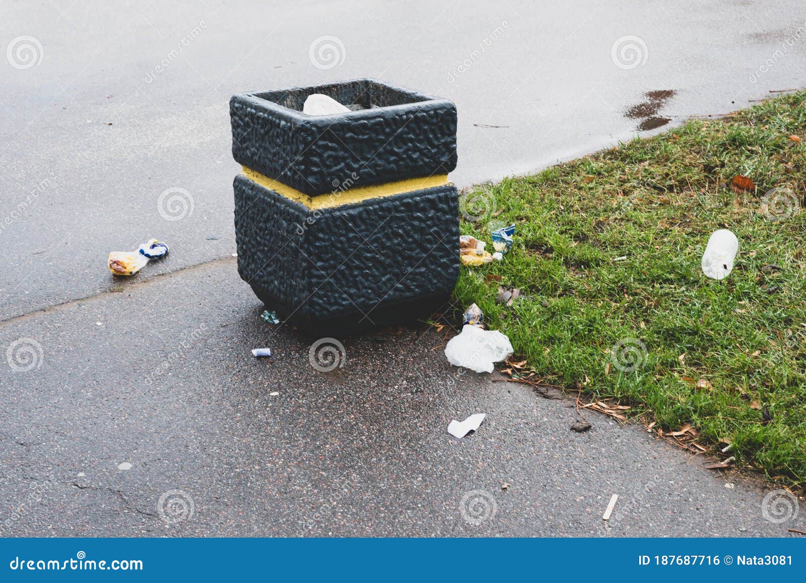 Trash Bin and Scattered Trash on the Grass in the Park. Garbage ...