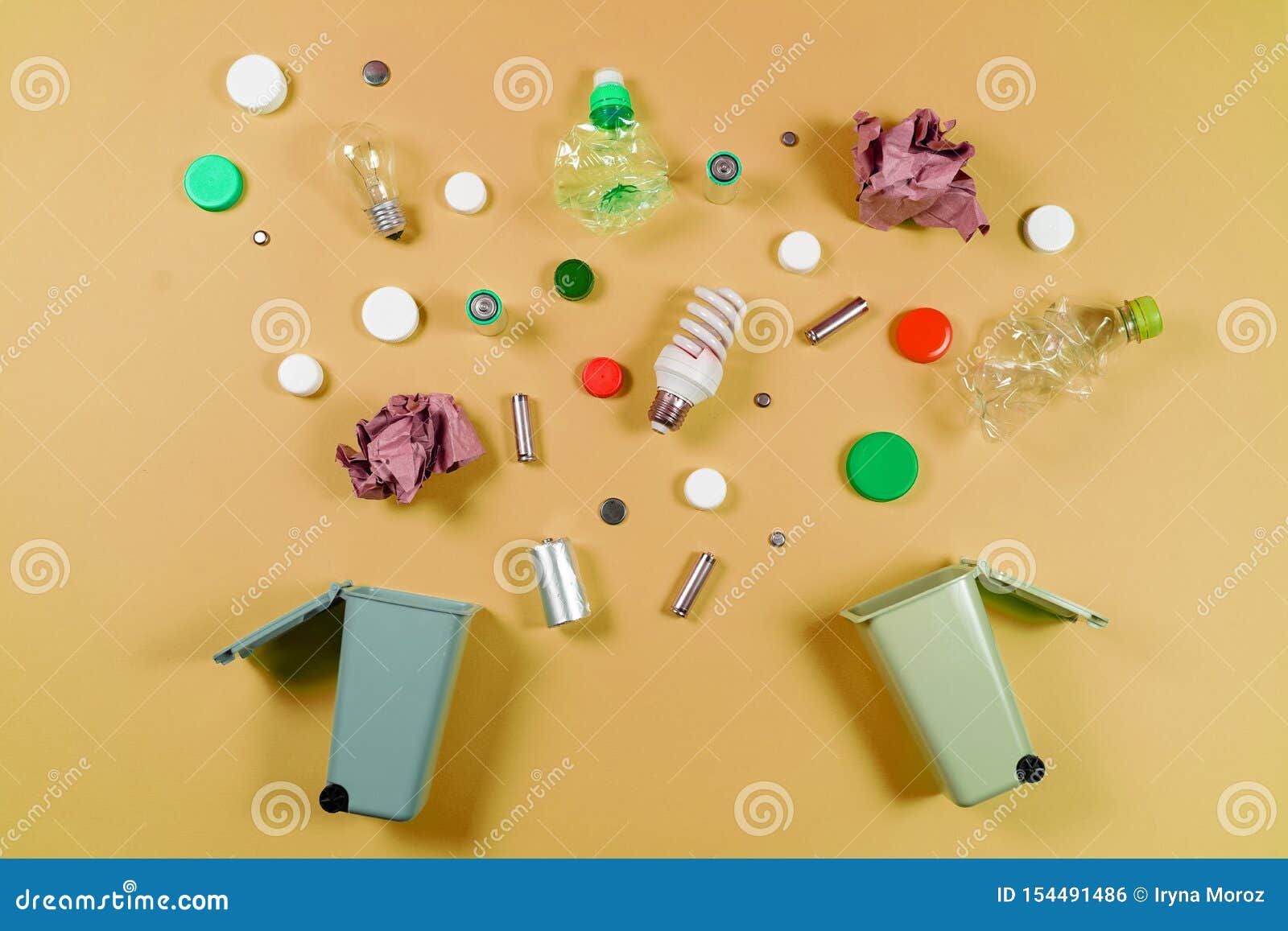 Trash Bins and Assorted Garbage Isolated on Green, Recycle Concept ...