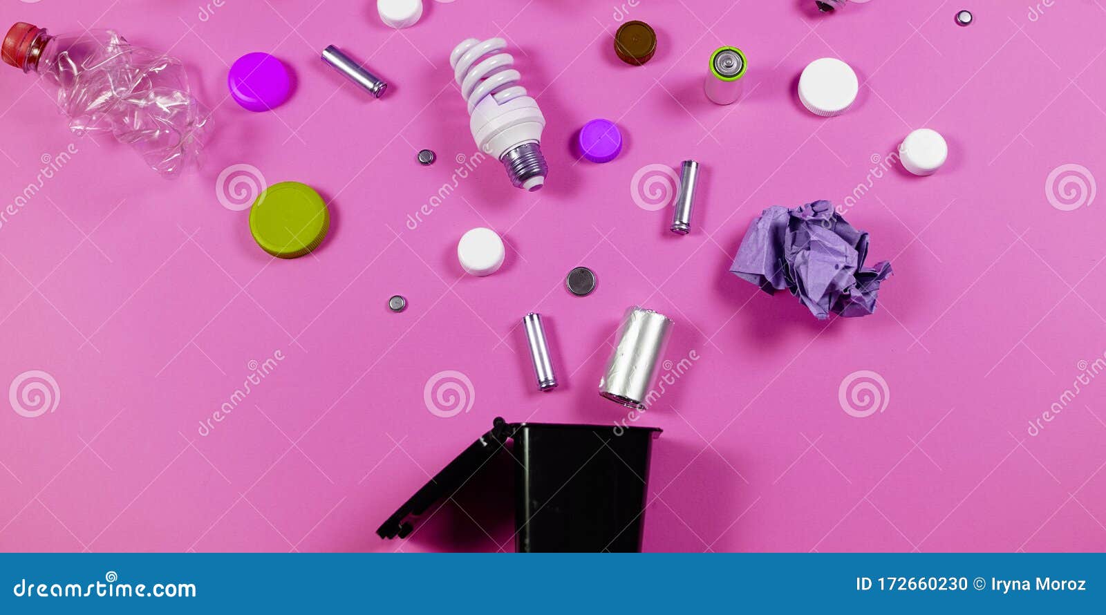 Trash Bins and Assorted Garbage Isolated on Green, Recycle Concept ...