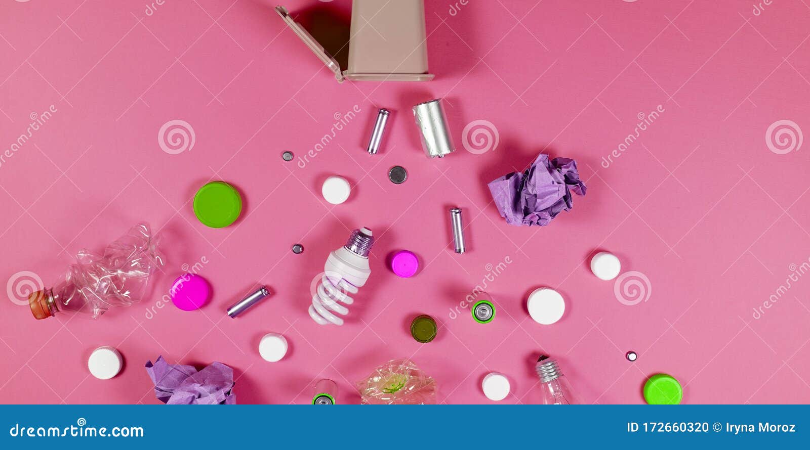 Trash Bins and Assorted Garbage Isolated on Green, Recycle Concept ...