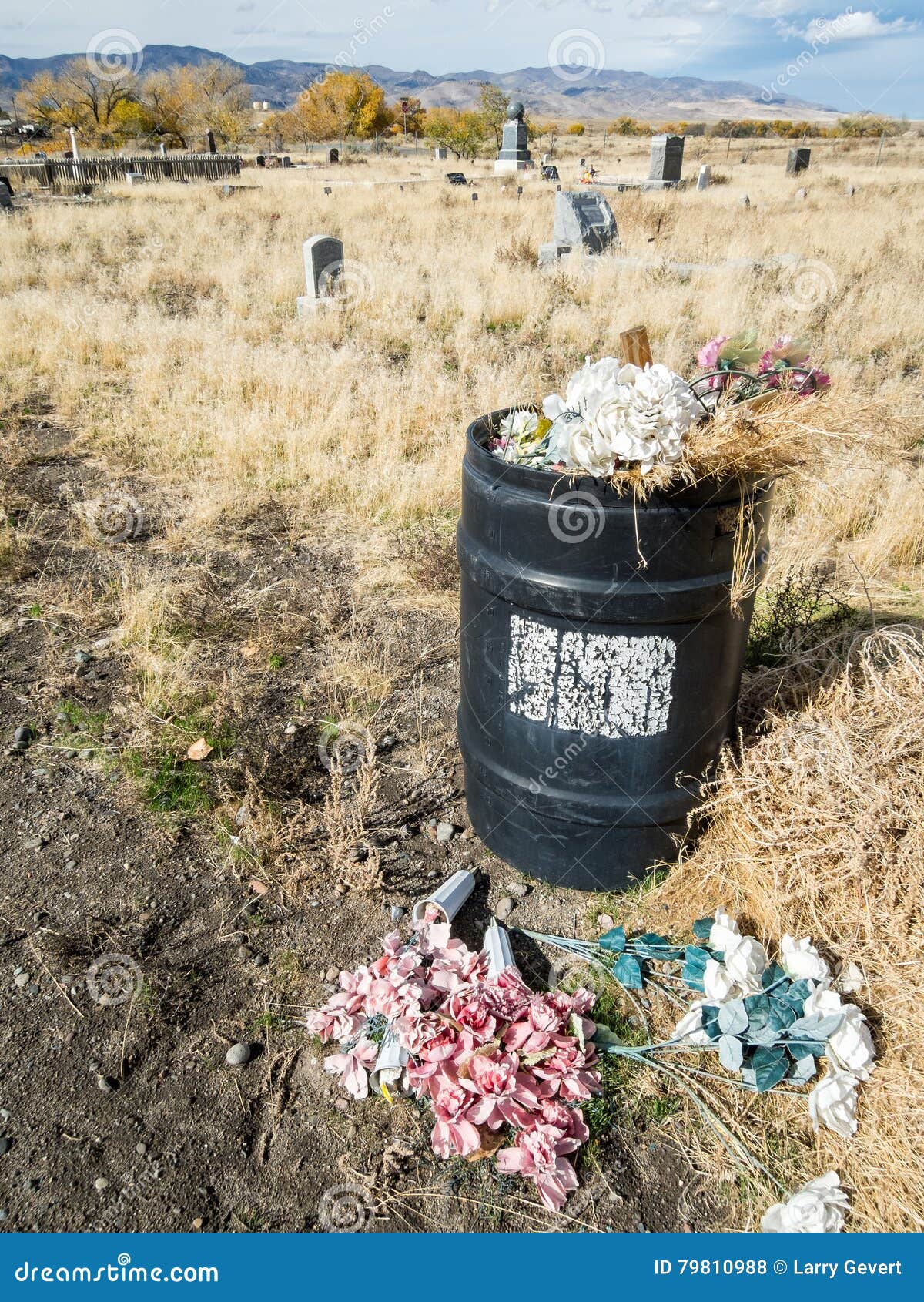 Trash can at cemetery stock photo. Image of barrel, crosses - 79810988