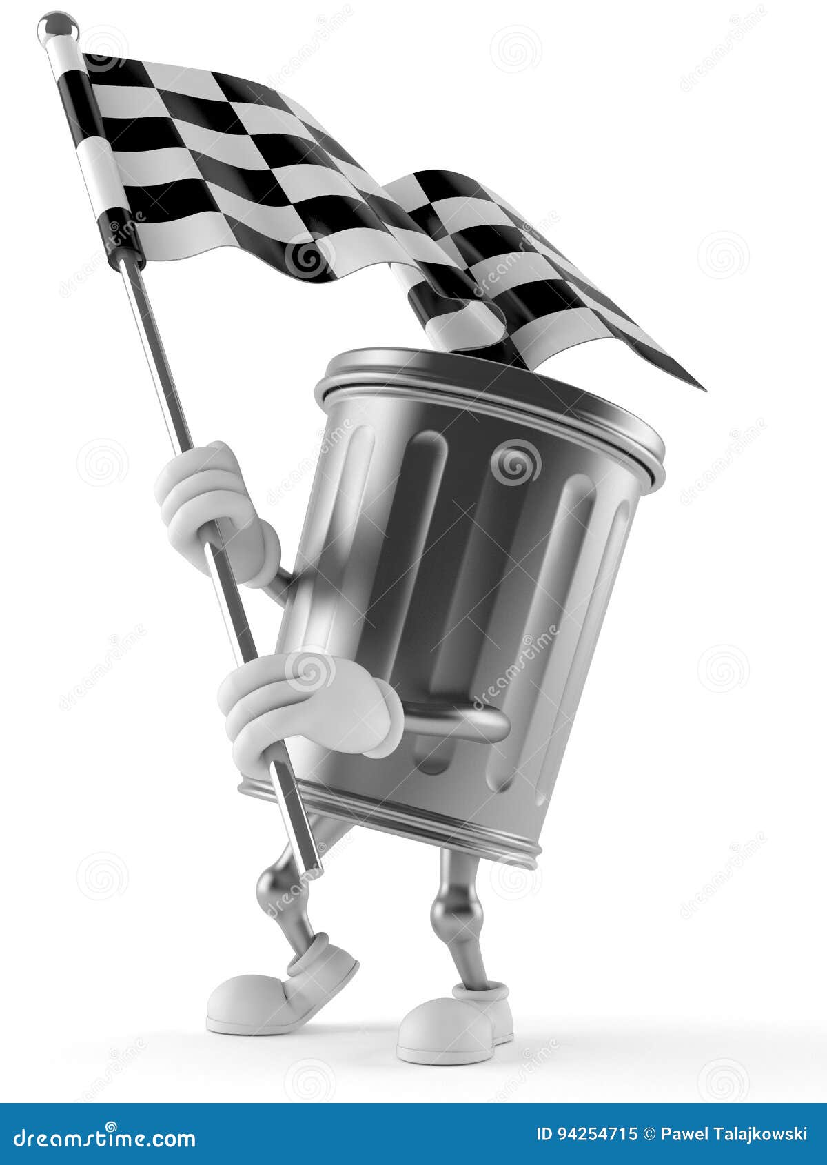 Trash Can Character with Racing Flag Stock Illustration - Illustration ...