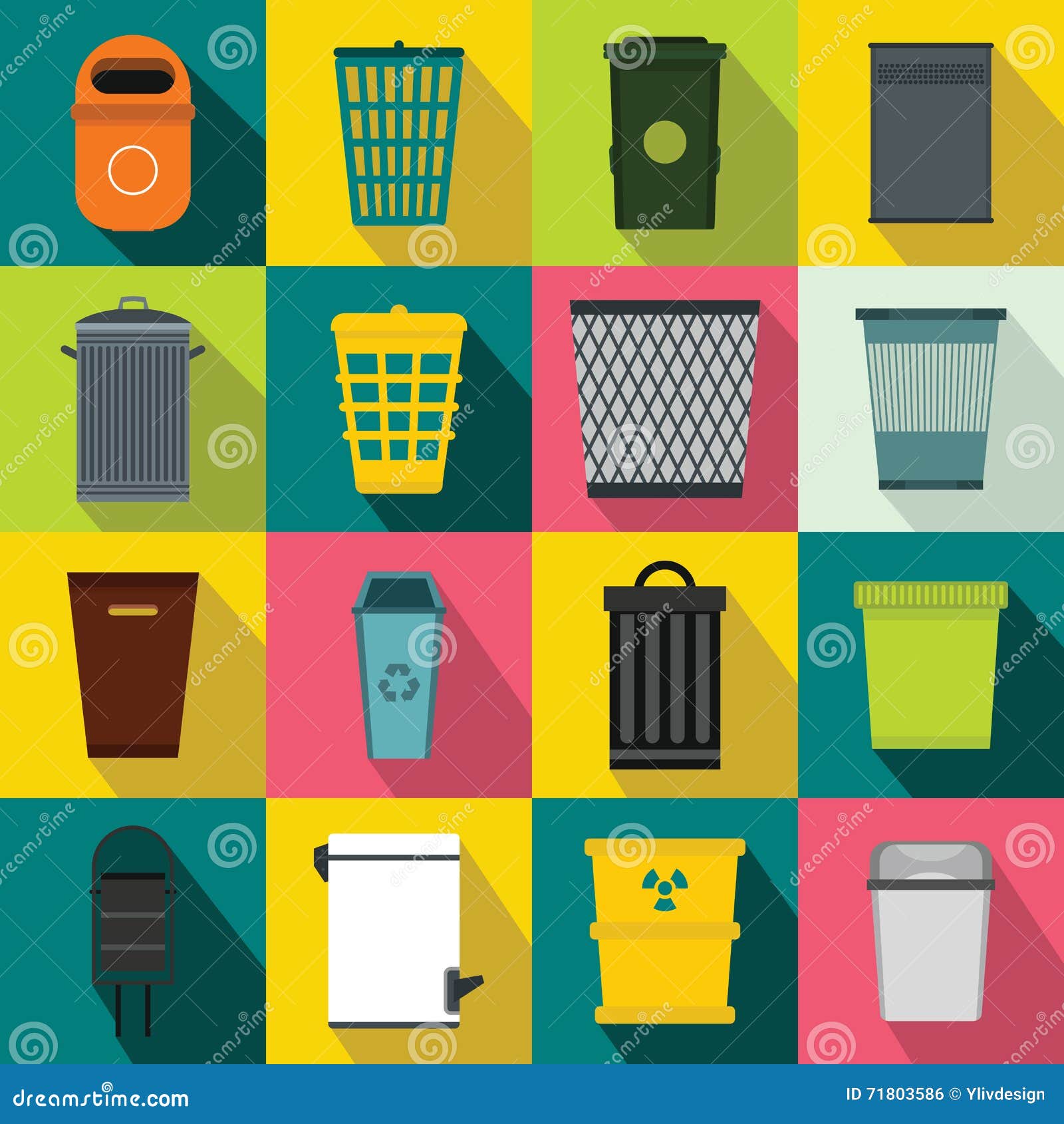 Trash Can Icons Set, Flat Style Stock Vector - Illustration of disposal ...