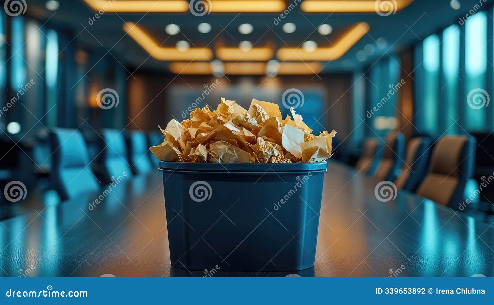 Overflowing Trash Can Full of Paper in Conference Room after Business ... Overflowing Trash Can Full of Paper in Conference Room after Business ...