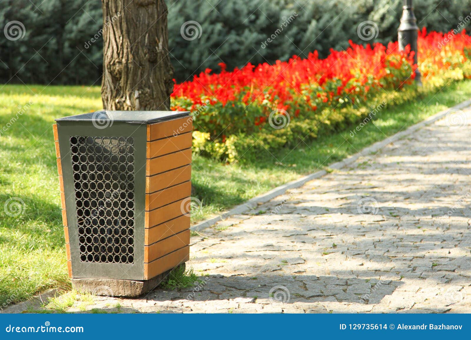 Trash can in park stock photo. Image of environment - 129735614