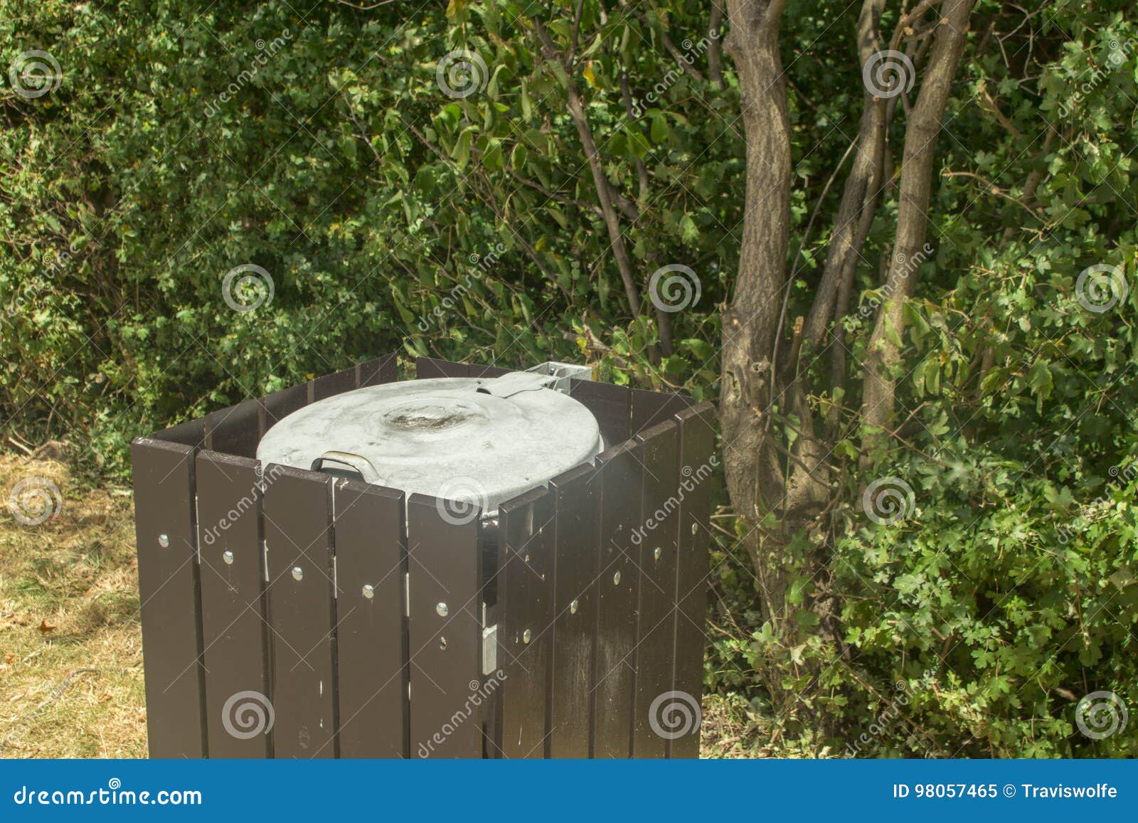 Trash Can in the Park Surrounded by Trees Stock Image - Image of ...