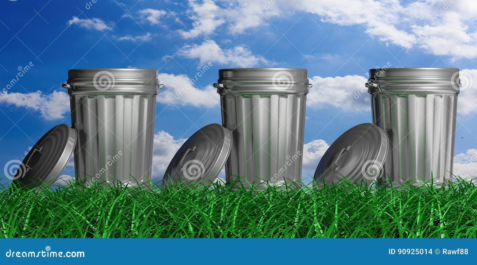 Trash Cans on a Blue Sky and Grass Background. 3d Illustration Stock ...