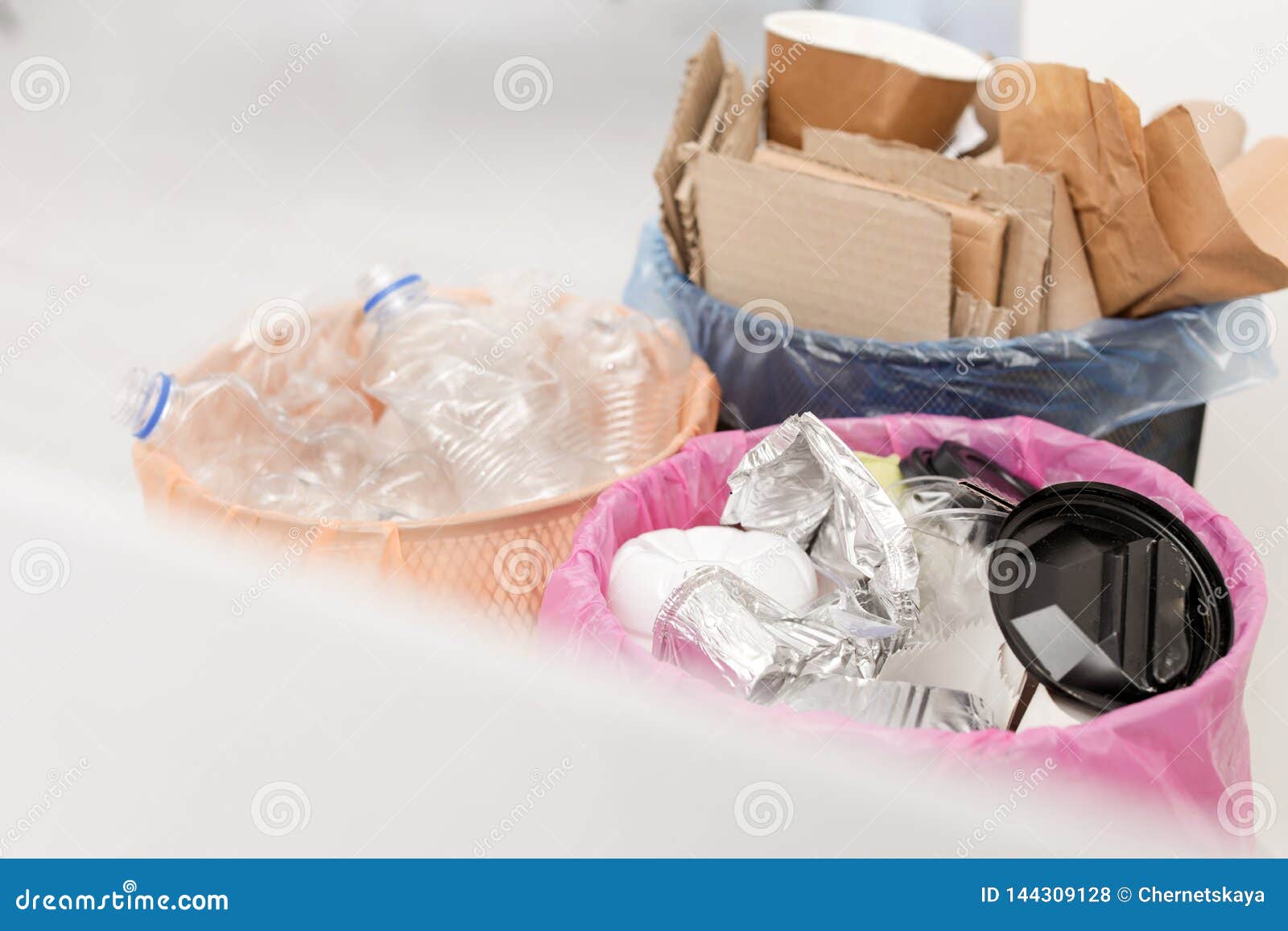 Trash Cans Full of Garbage Indoors. Waste Recycling Stock Photo - Image ...