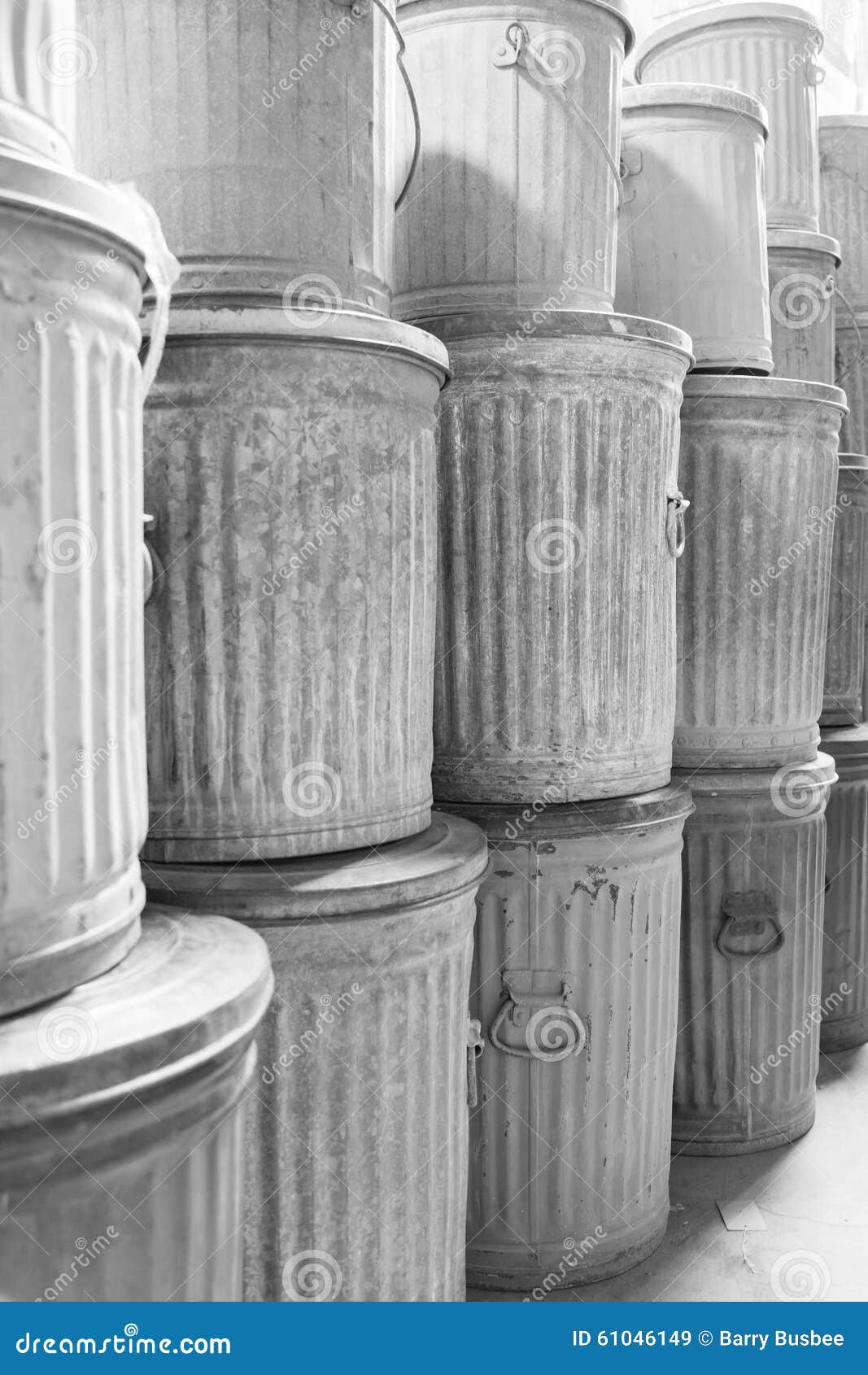 A Row Of Galvanized Trash Containers. Garbage Containers In The Park ...