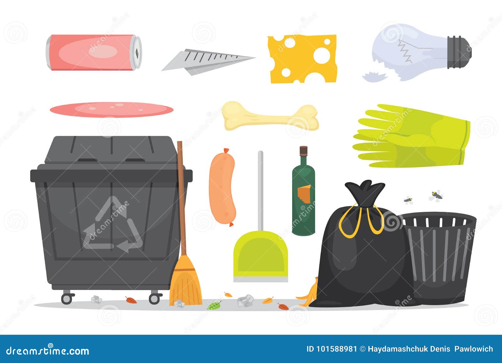 Trash and Garbage Set Illustrations in Cartoon Style. Stock Vector ...