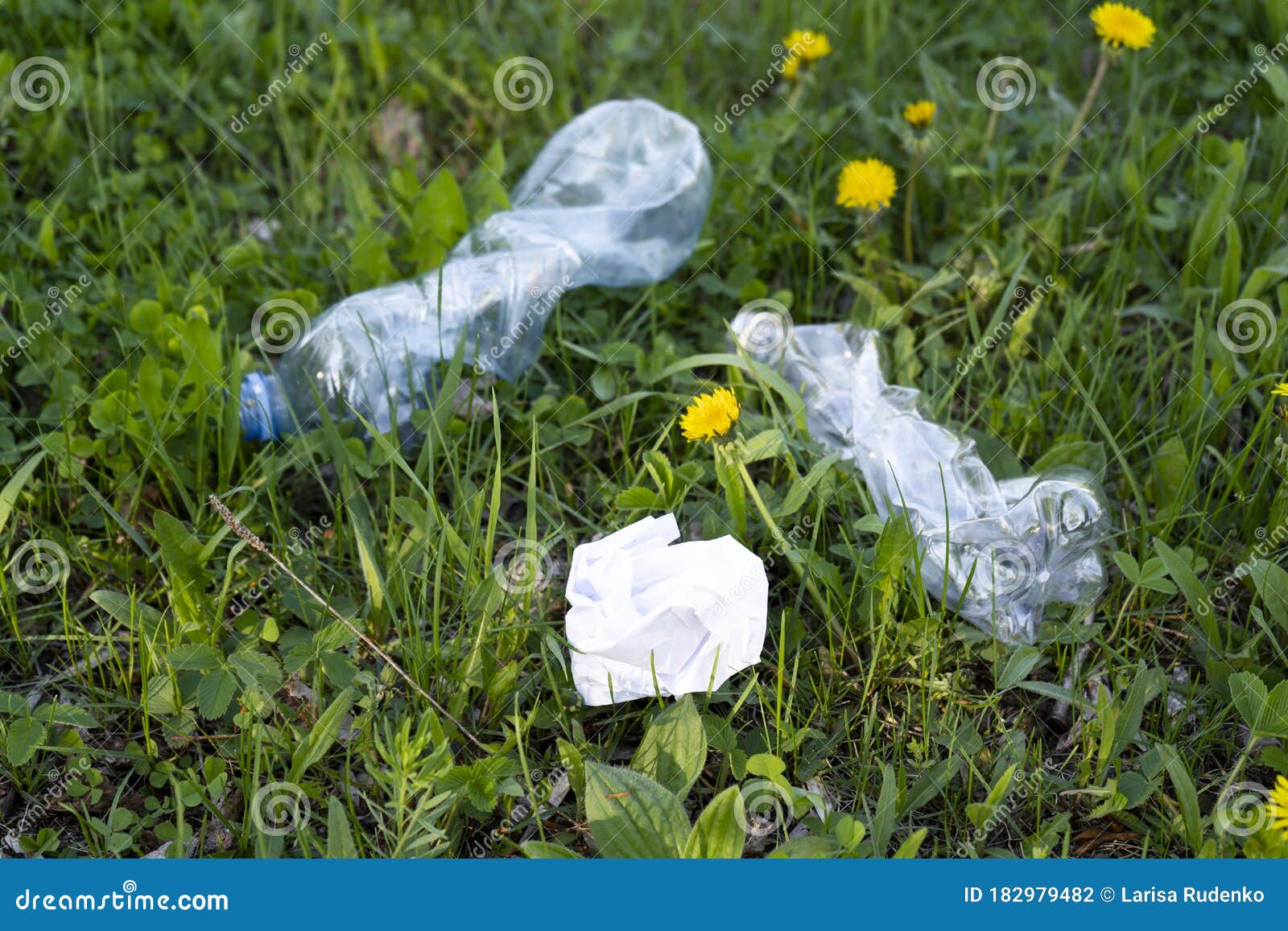 Trash Plastic Bottles on the Grass, Plastic and Paper and Other Garbage ...