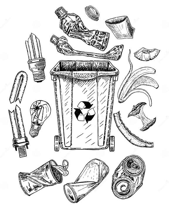 Trash Set with Dumpster. Sketch Stock Illustration - Illustration of ...