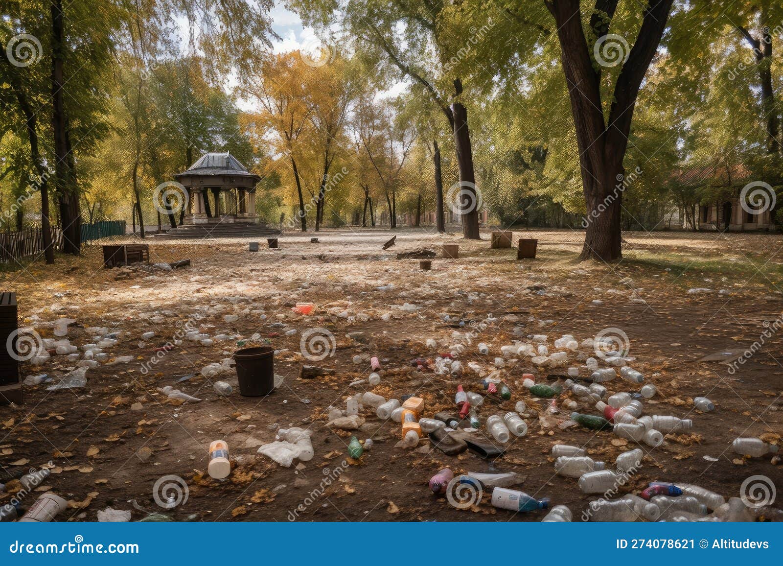 Trash-strewn Park, with Broken Bottles and Wrappers Littering the ...