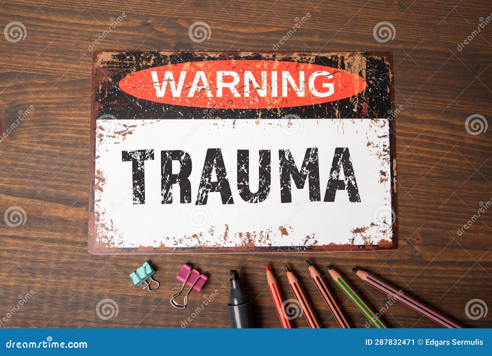 TRAUMA. Warning Sign with Text on Wood Texture Background Stock Image ...