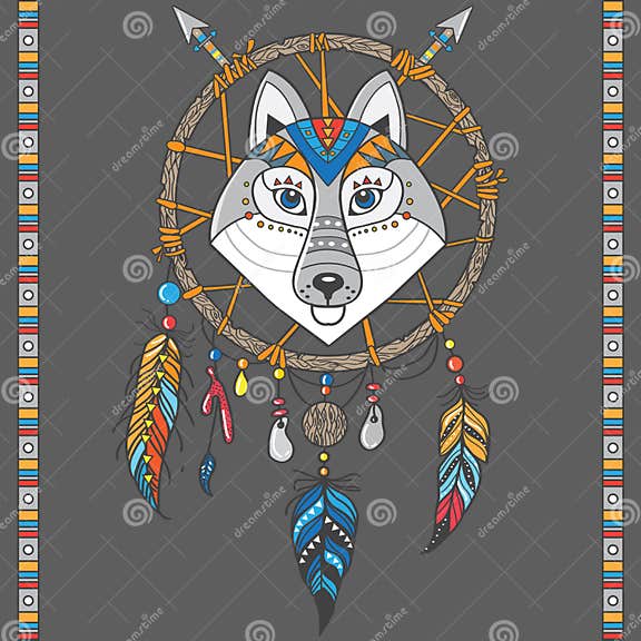 Traumfänger mit Wolf vektor abbildung. Illustration von graphik - 72505763