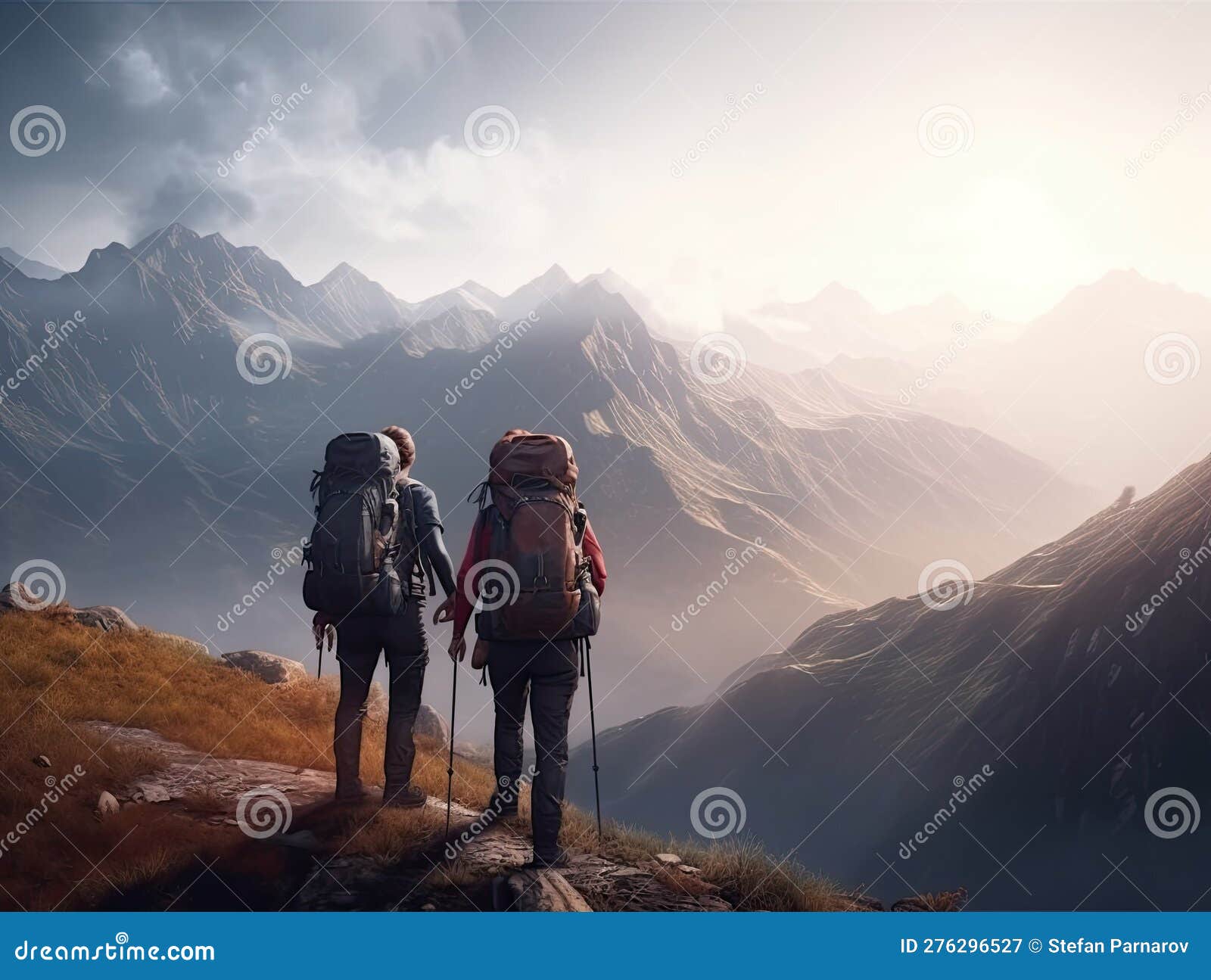 Travel and Adventure Concept with Backpackers Exploring Mountain Range ...