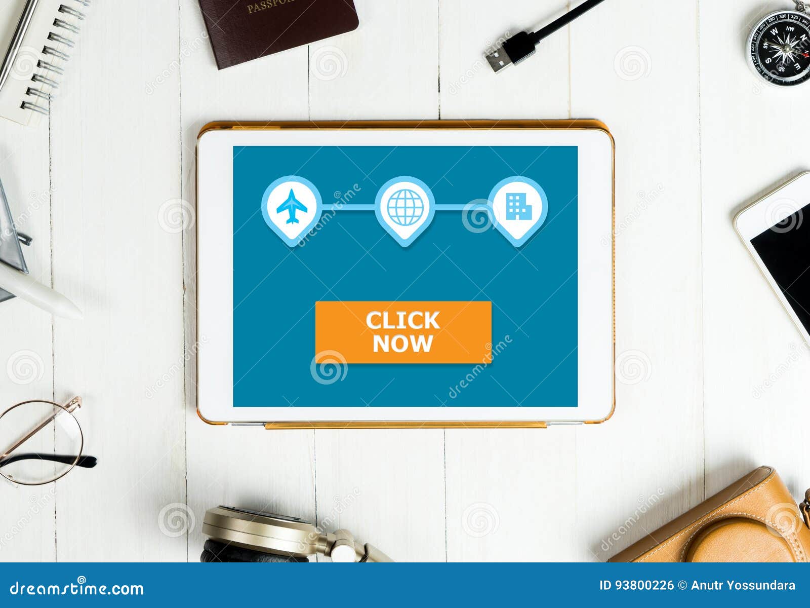 Travel Agency Click Now Button on Tablet Application Stock Photo ...