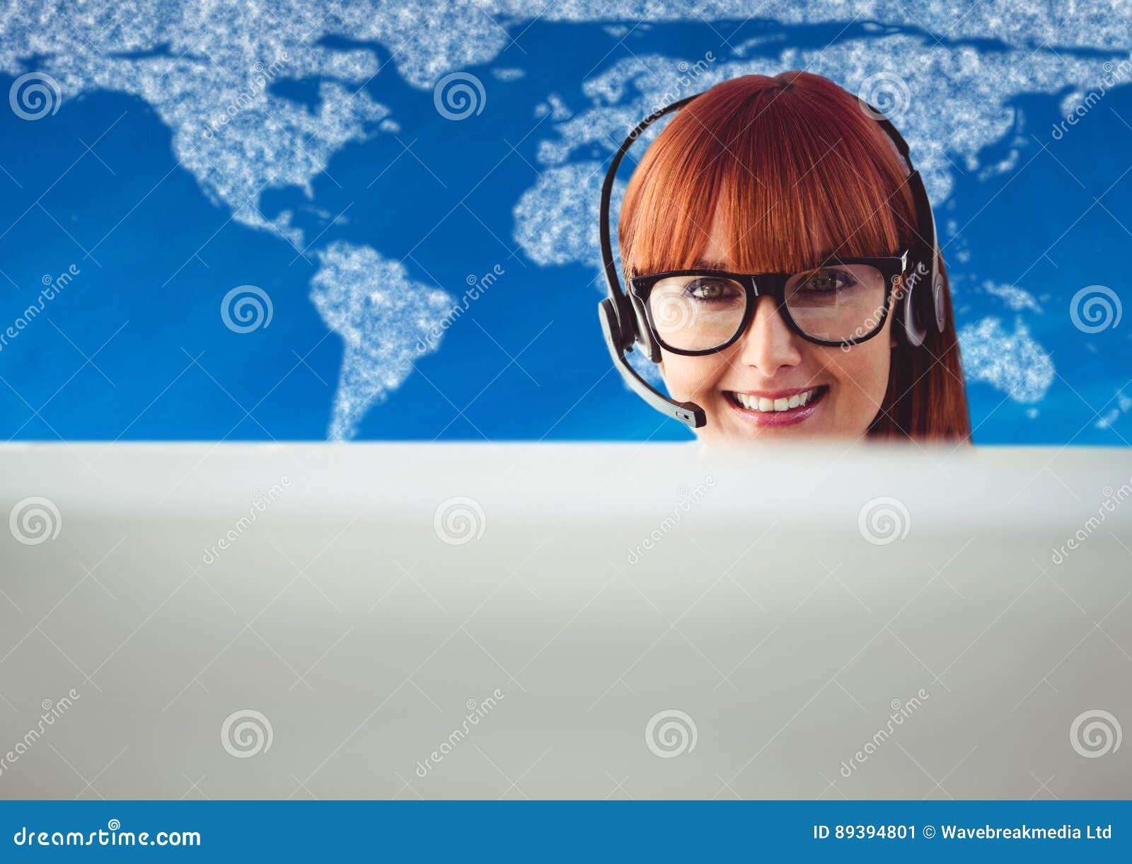 Travel Agent Behind Computer Against Map with Clouds and Blue ...