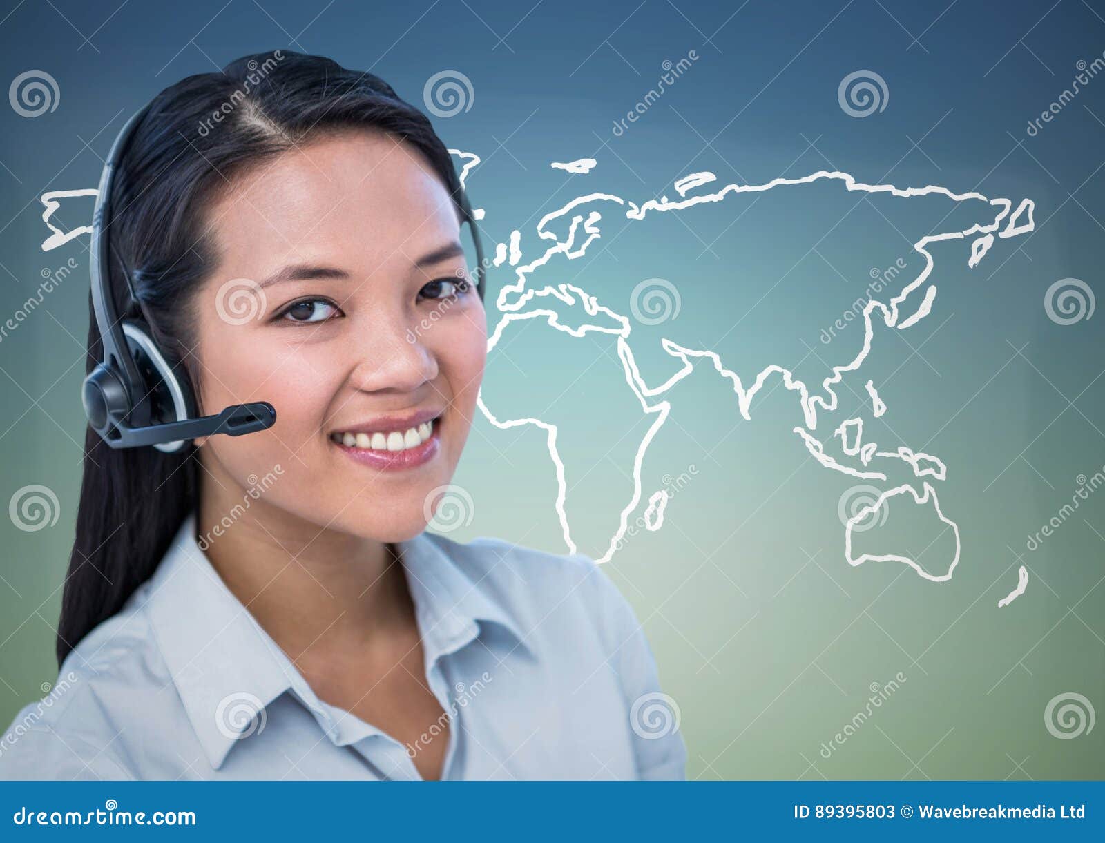 Travel Agent with Headset Against White Map and Blue Green Background ...