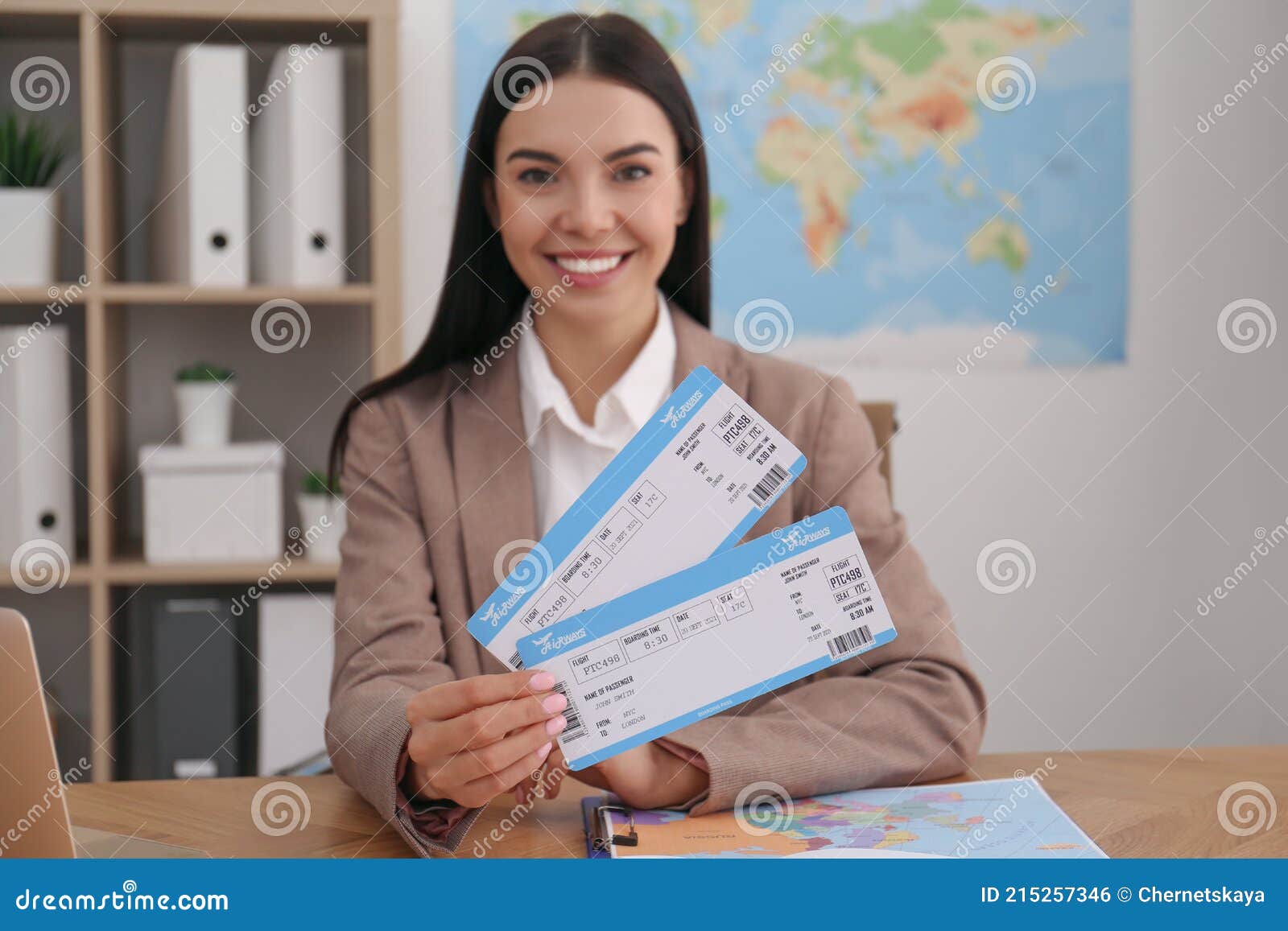 Travel Agent with Tickets at Table in Office Stock Photo - Image of ...