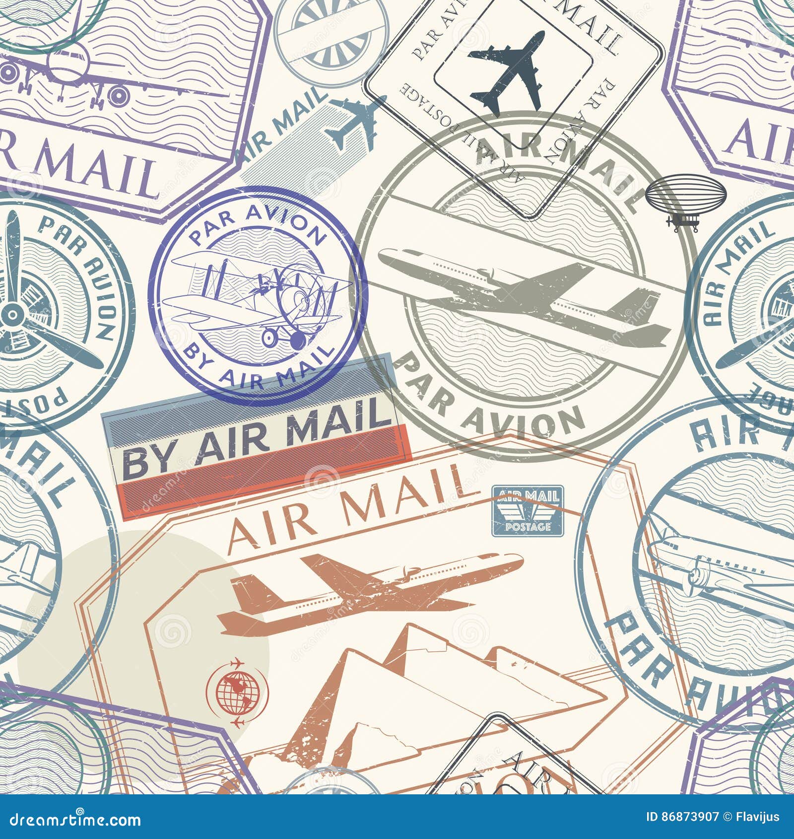 Travel or Air Mail Grunge Rubber Stamps Set, Seamless Pattern Stock ...