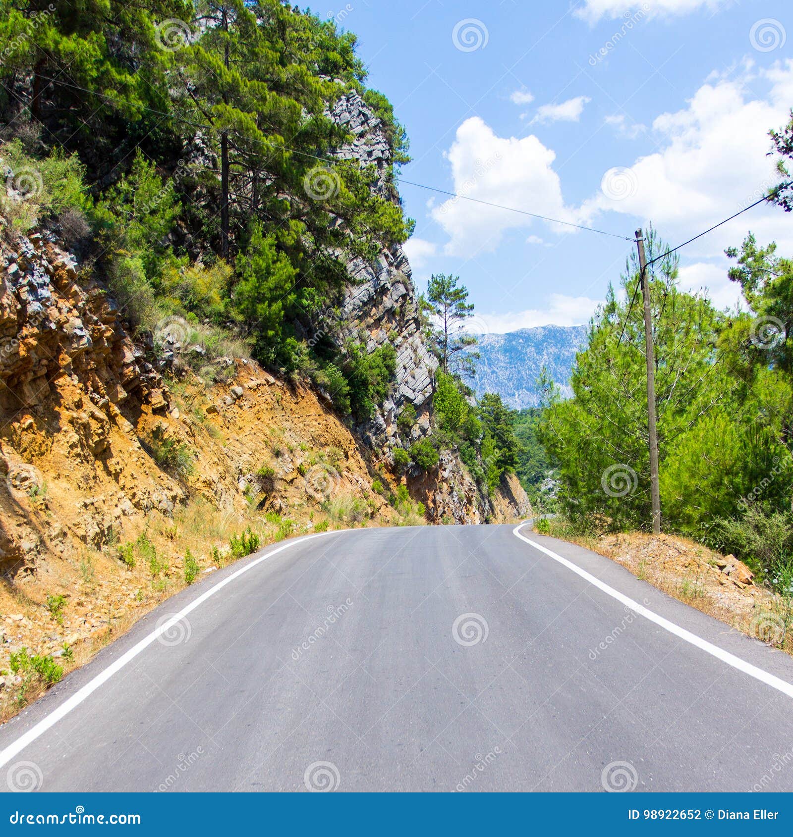 Travel Background - Road between Mountains and Forest Stock Photo ...