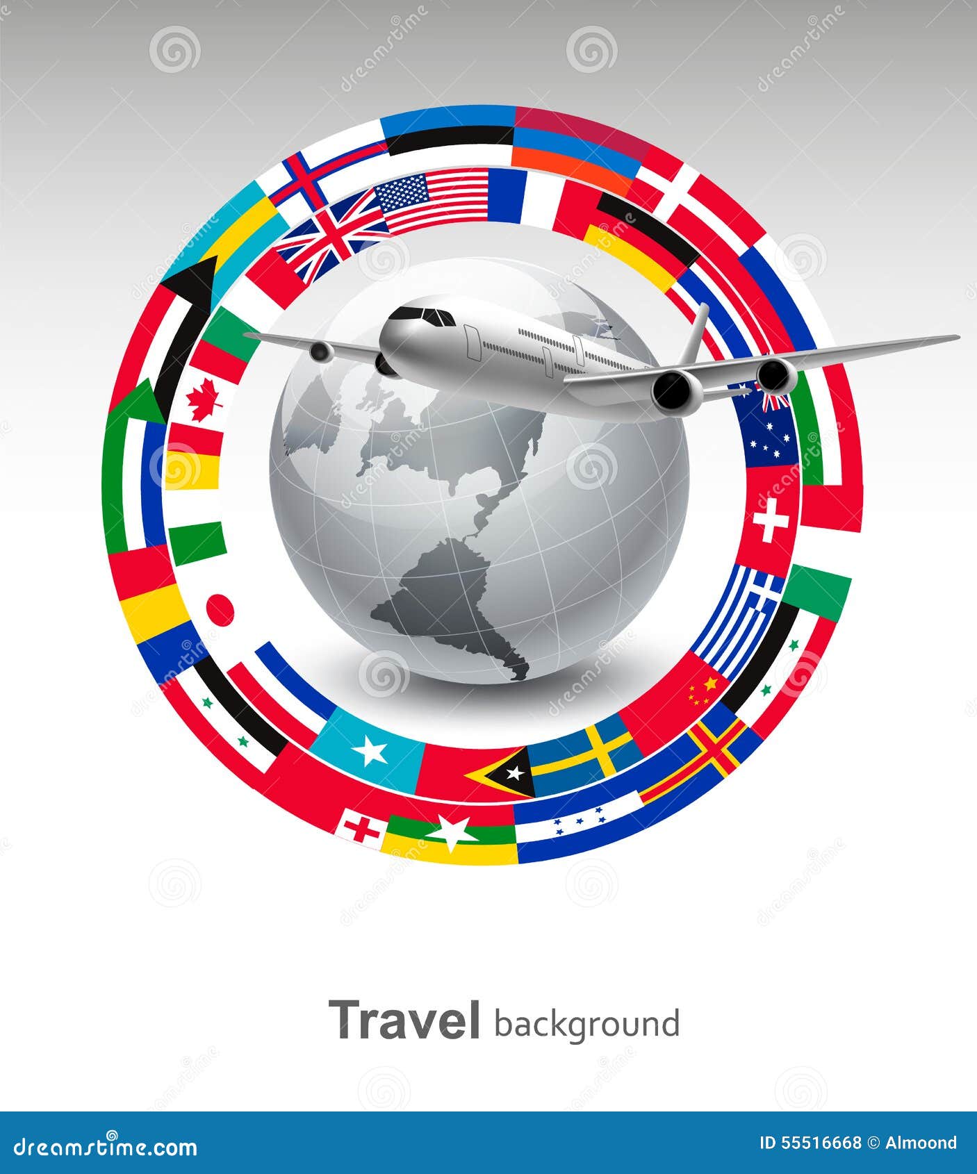 Travel Background. Globe with a Plane and a Circle of Flags Stock ...