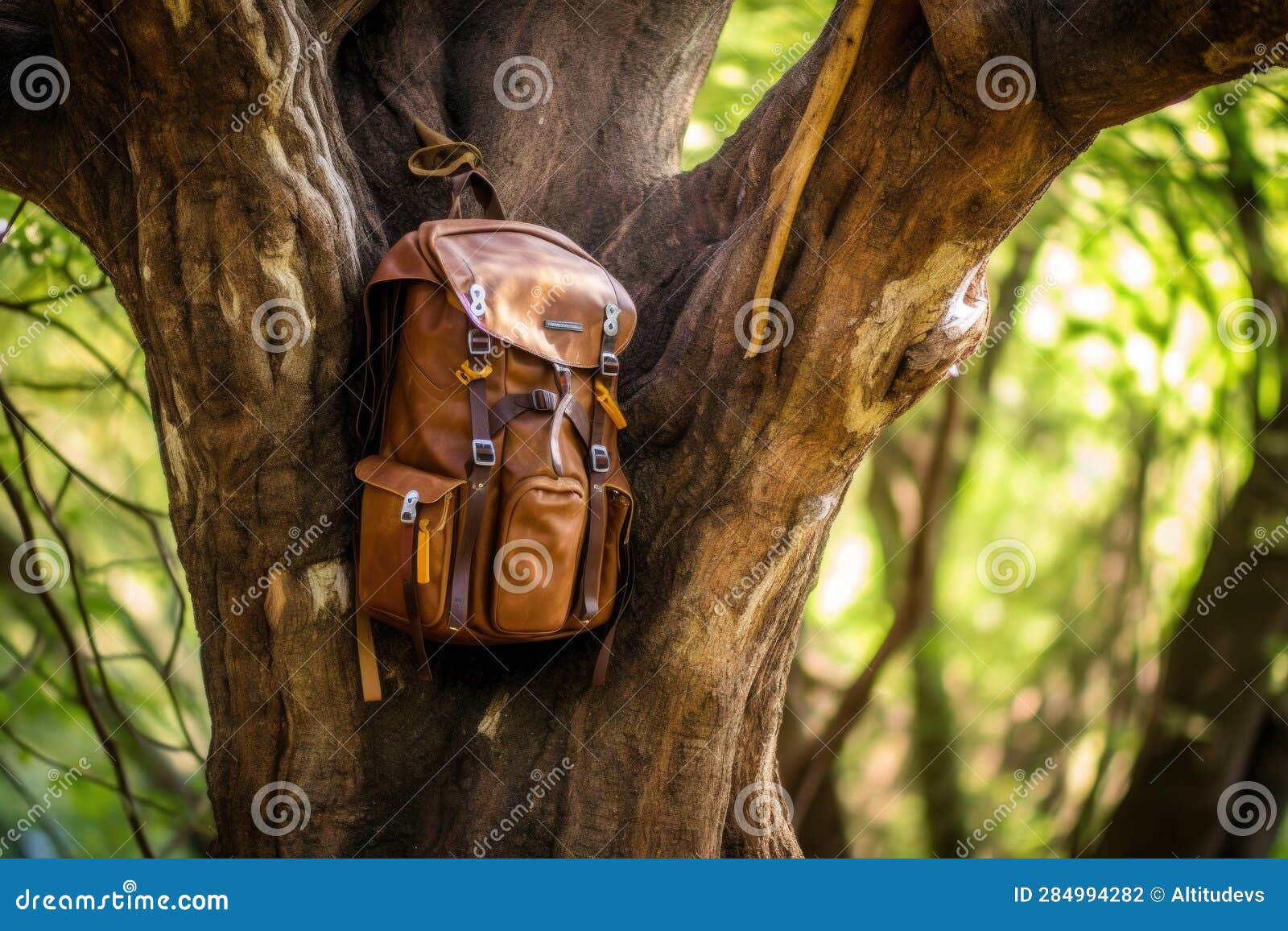 Travel Backpack Hanging from a Tree Branch Stock Illustration ...