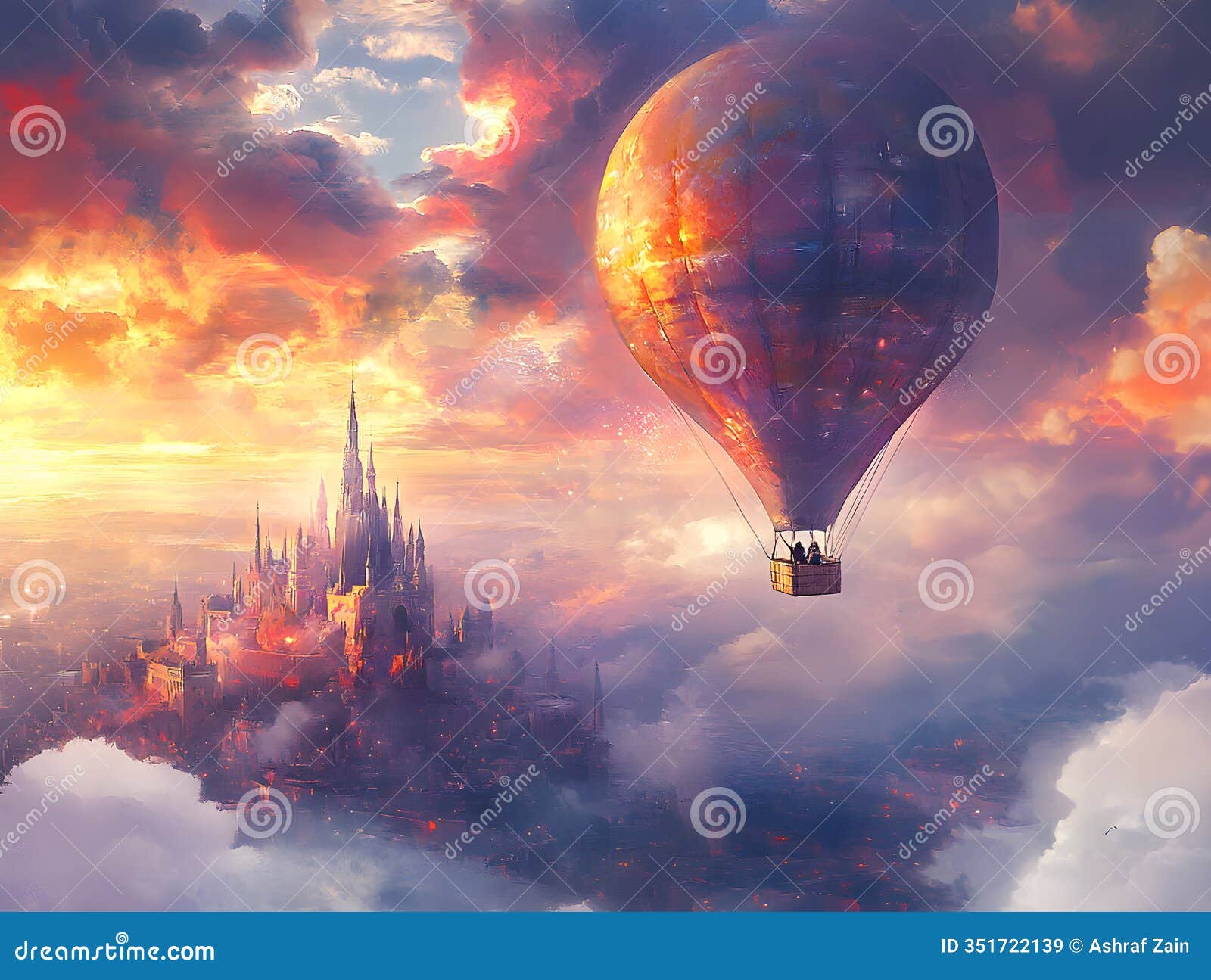 Majestic Hot Air Balloon At Sunrise Floating Towards Enchanted Castle ...