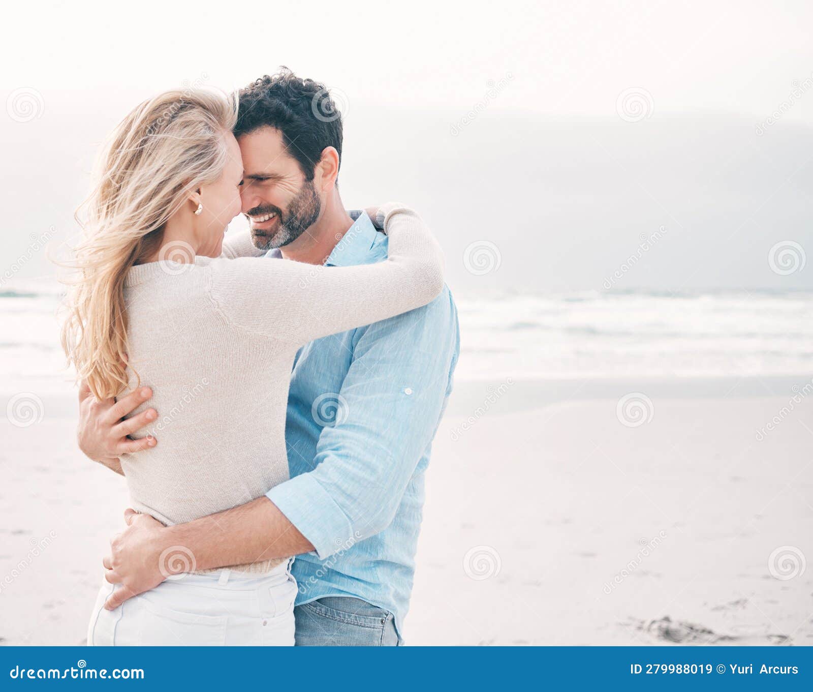 Travel Beach And Couple Touching Forehead On Holiday Vacation And
