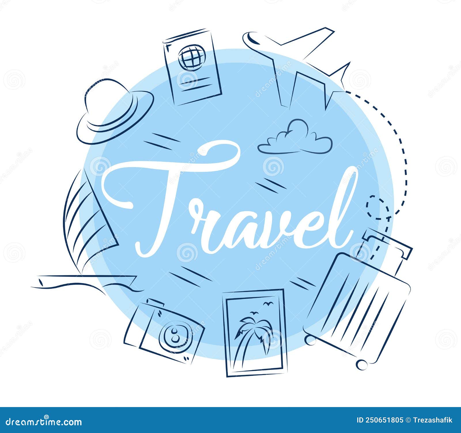 Travel Calligraphy on Blue Background and Outline Shapes Stock Vector ...