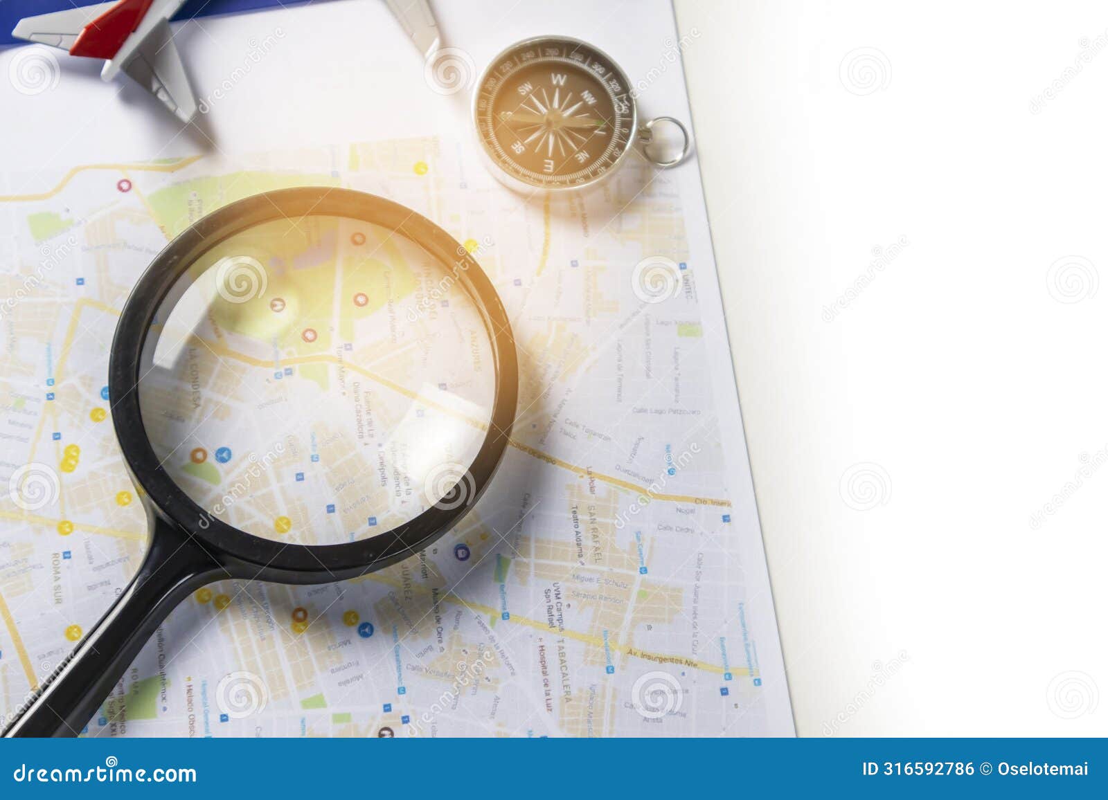 Travel Compass and Magnifying Glass. ,identifying a Destination and ...