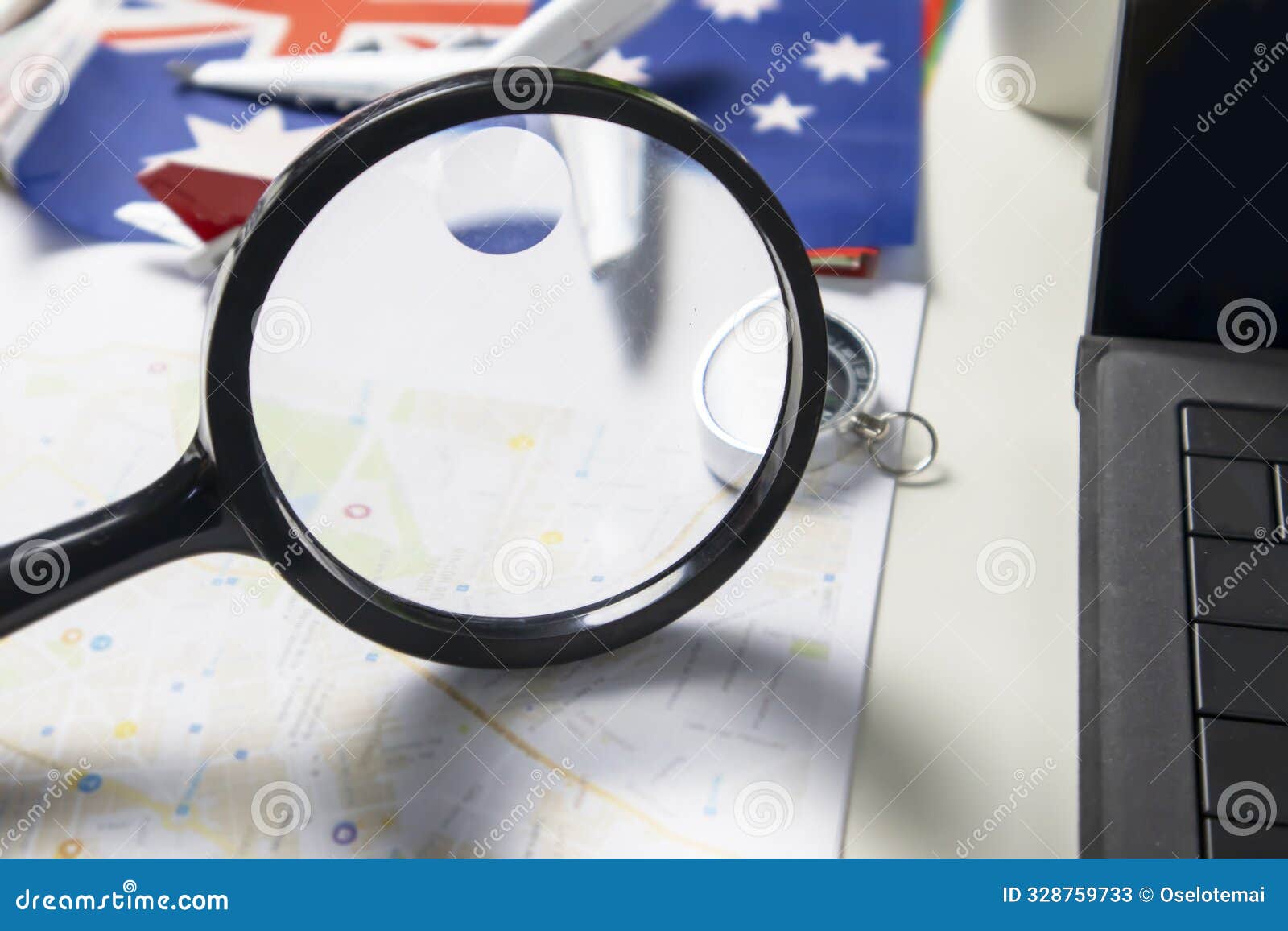 Travel Compass and Magnifying Glass. ,identifying a Destination and ...