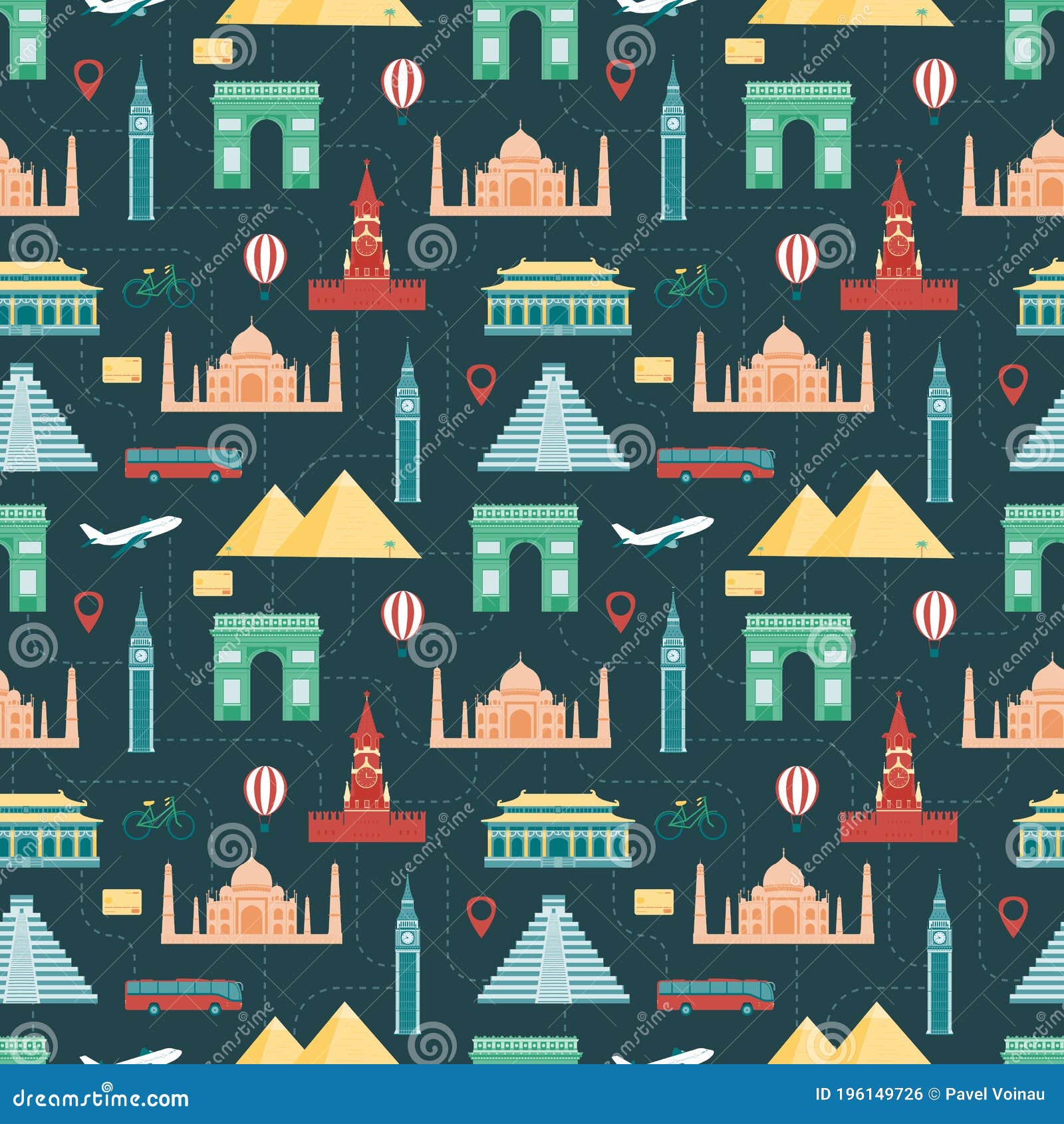 Travel Composition with Famous World Landmarks. Seamless Pattern Stock ...
