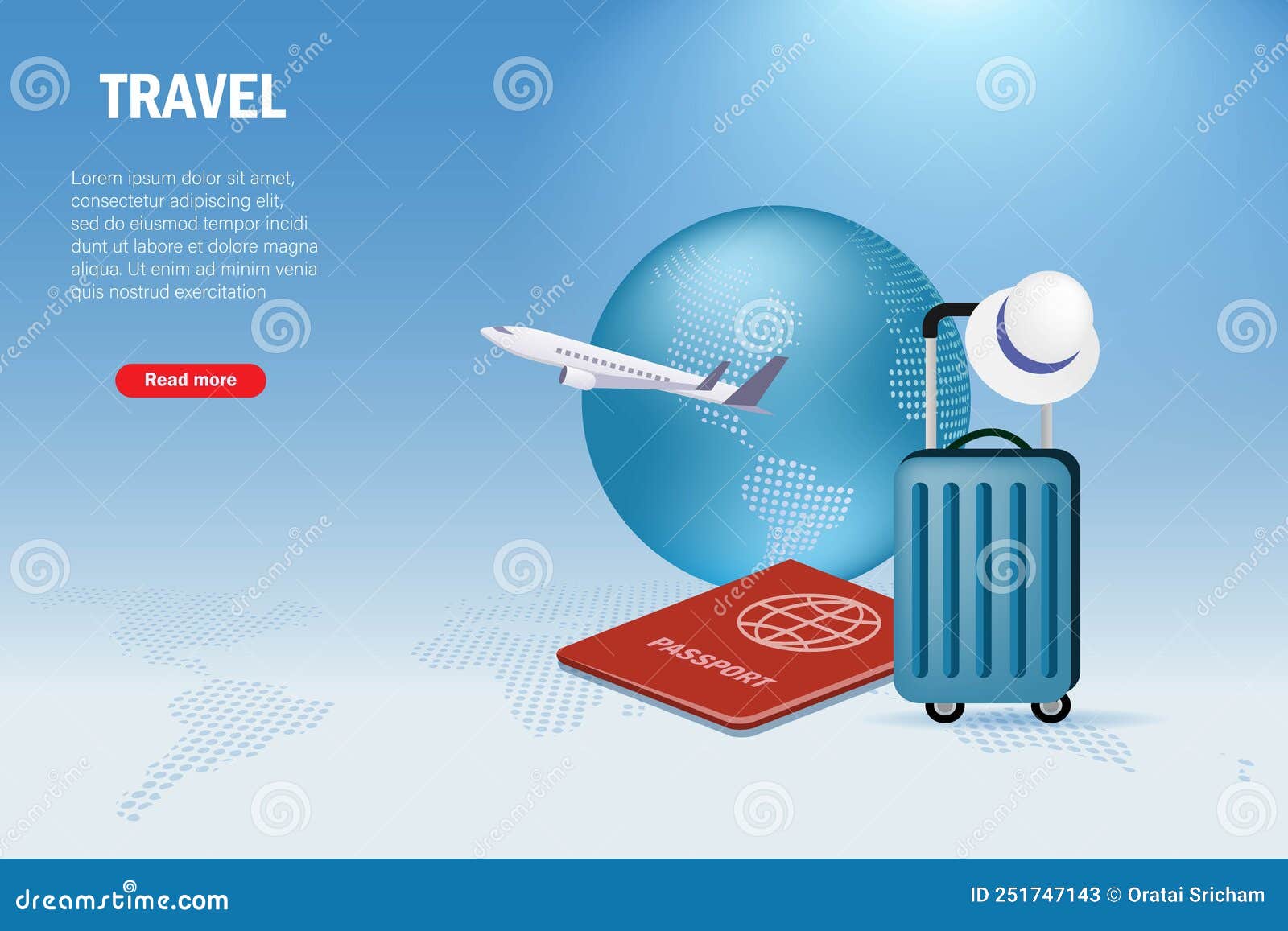 Travel Concept Airplane With Passport And Luggage On World Map Stock