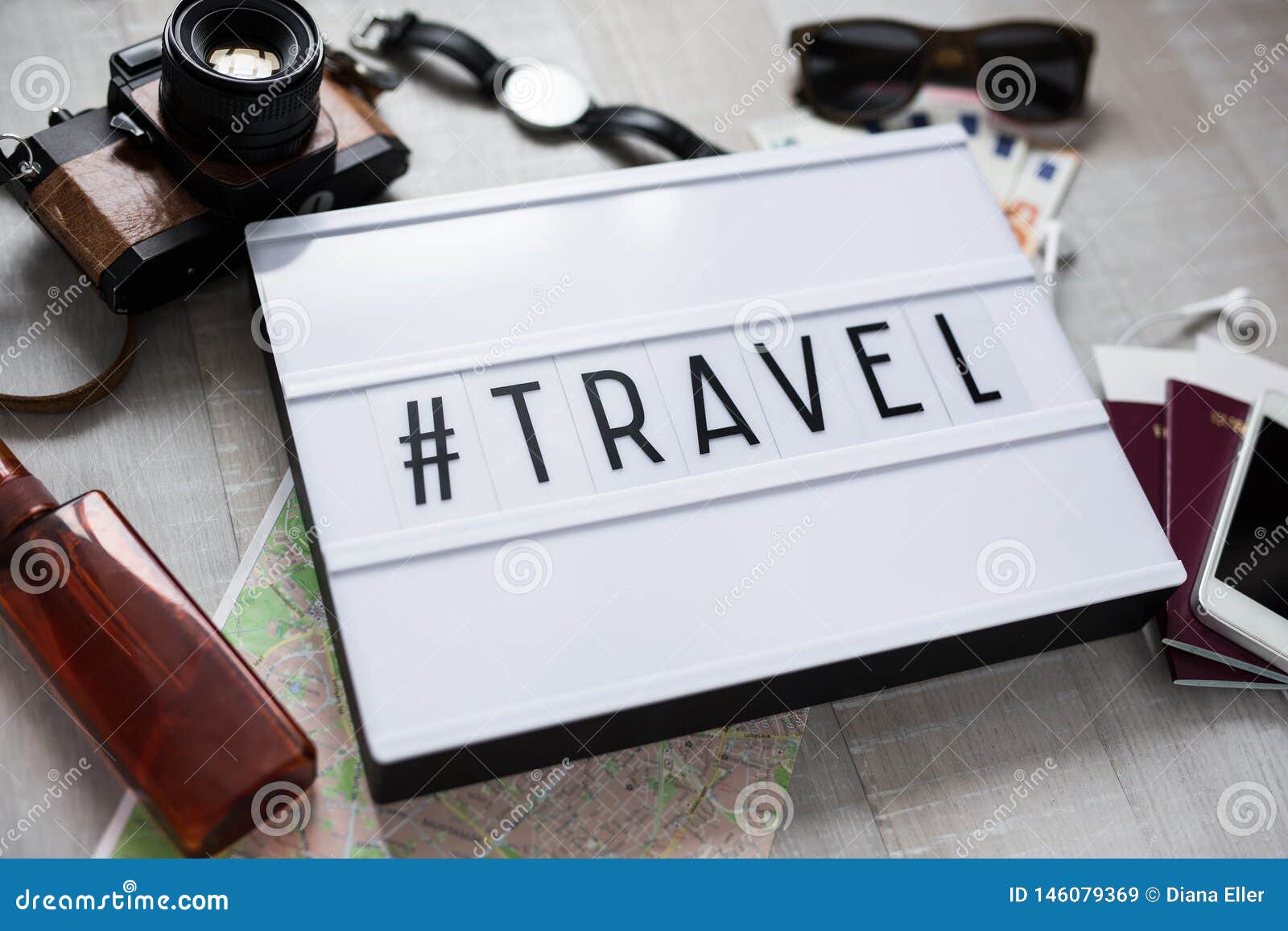 Travel Concept - Close Up of Travel Objects on Wooden Background Stock ...