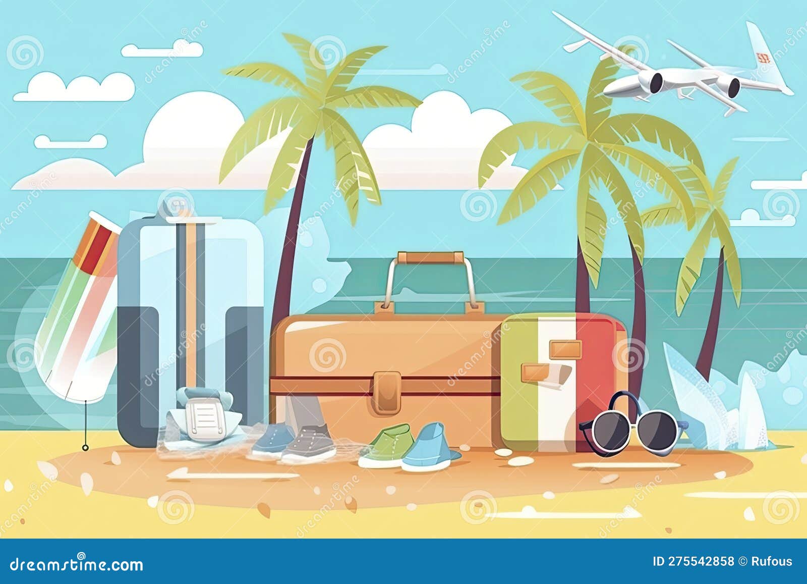 Travel Concept Vector Illustration Airplane Flying Above Tourists Luggage Suitcase Passport