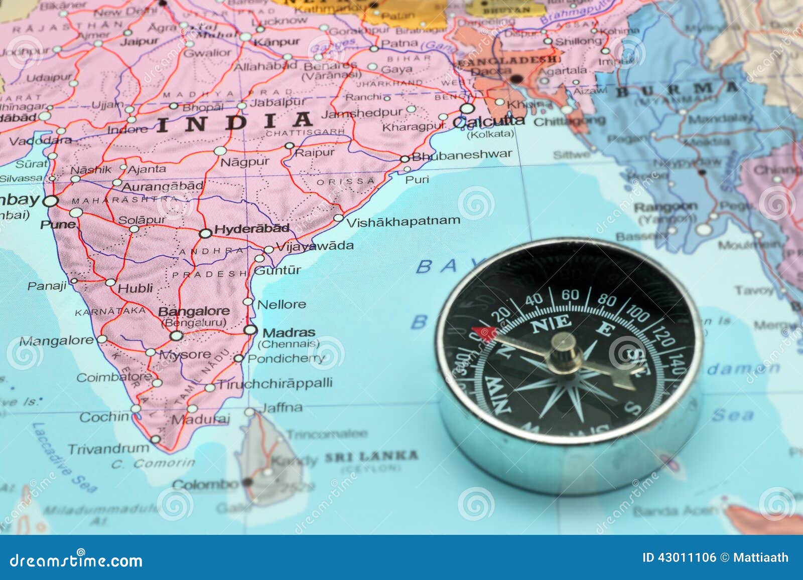 Travel Destination India, Map with Compass Stock Photo - Image of focus ...