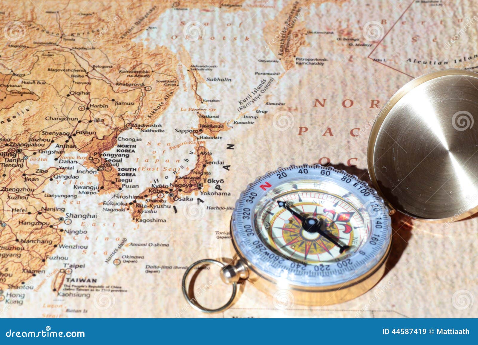 Travel Destination Japan, Ancient Map With Vintage Compass Royalty-Free ...